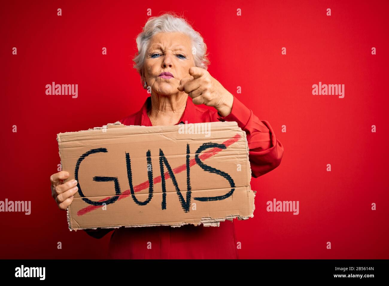 Senior beautiful grey-haired woman holding banner with prohibited guns ...