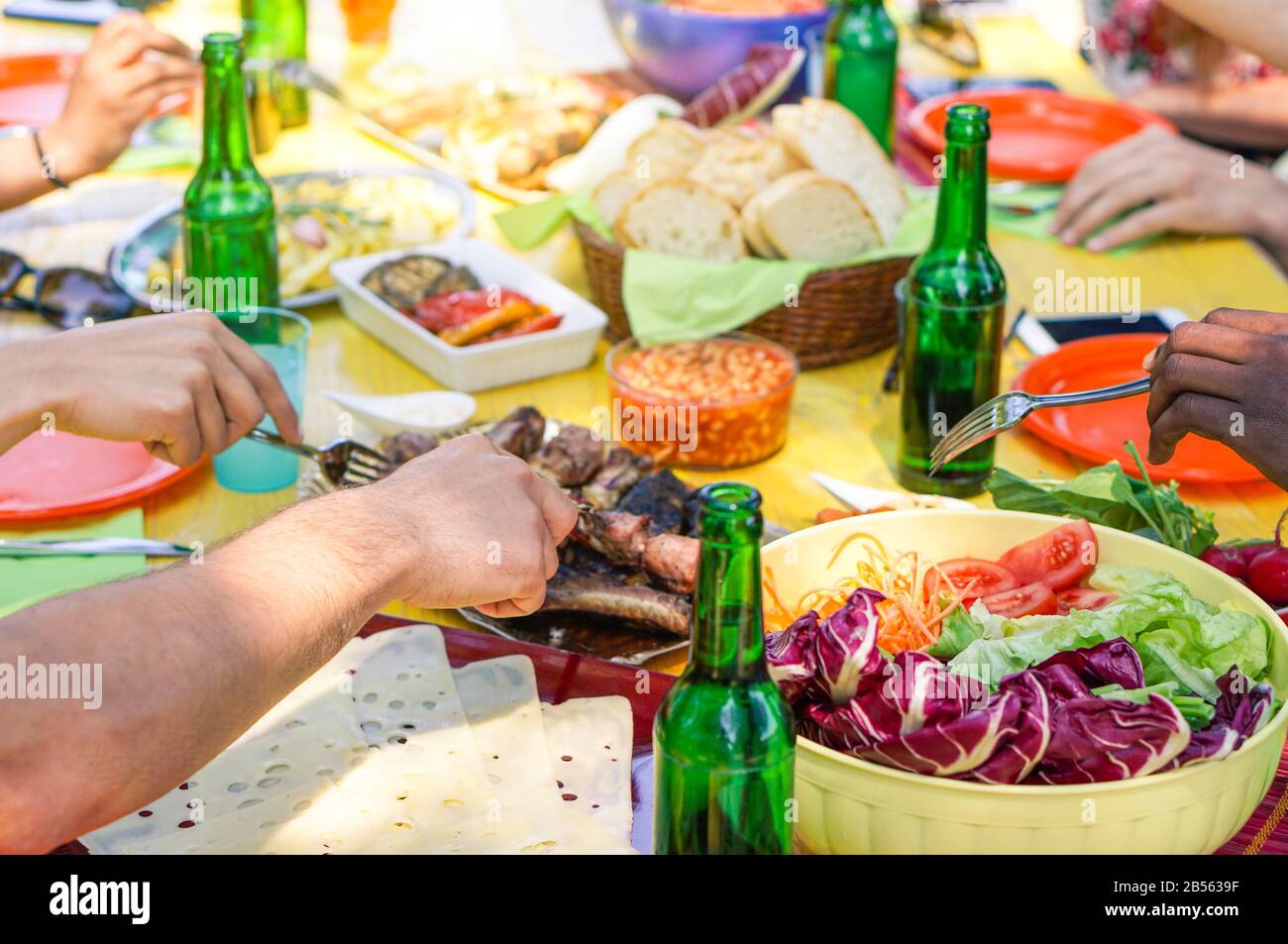 Multi race friends eating barbecue outdoor in backyard - Young people ...