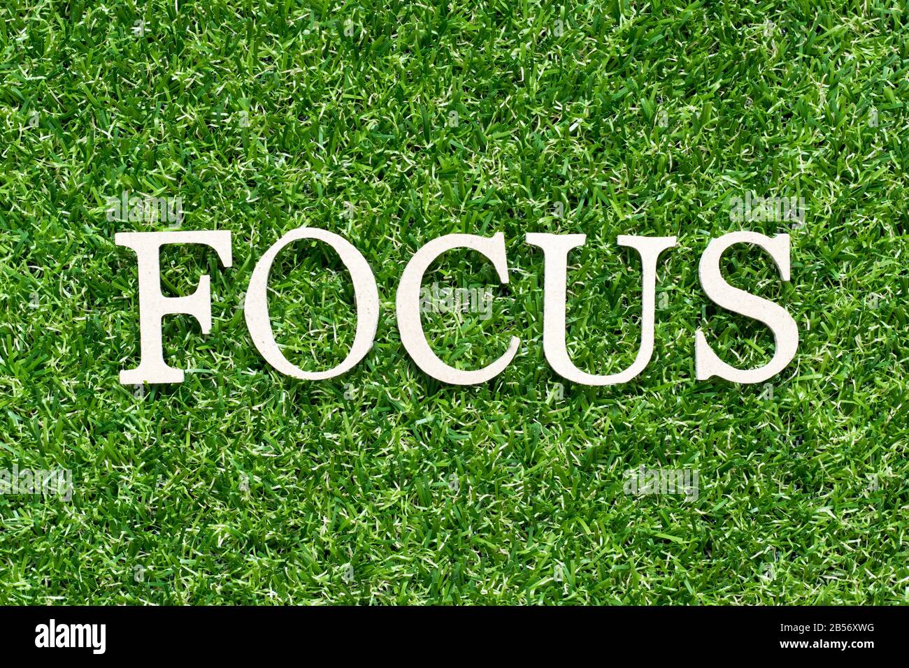 Wood alphabet letter in word focus on artificial green grass background ...