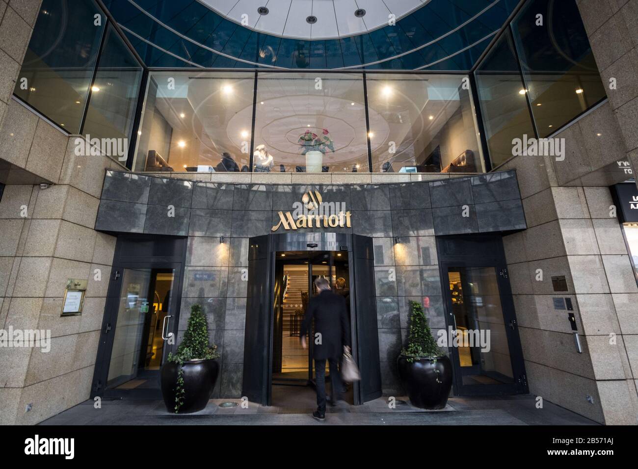 PRAGUE, CZECHIA - NOVEMBER 1, 2019: Marriott logo on their main hotel ...