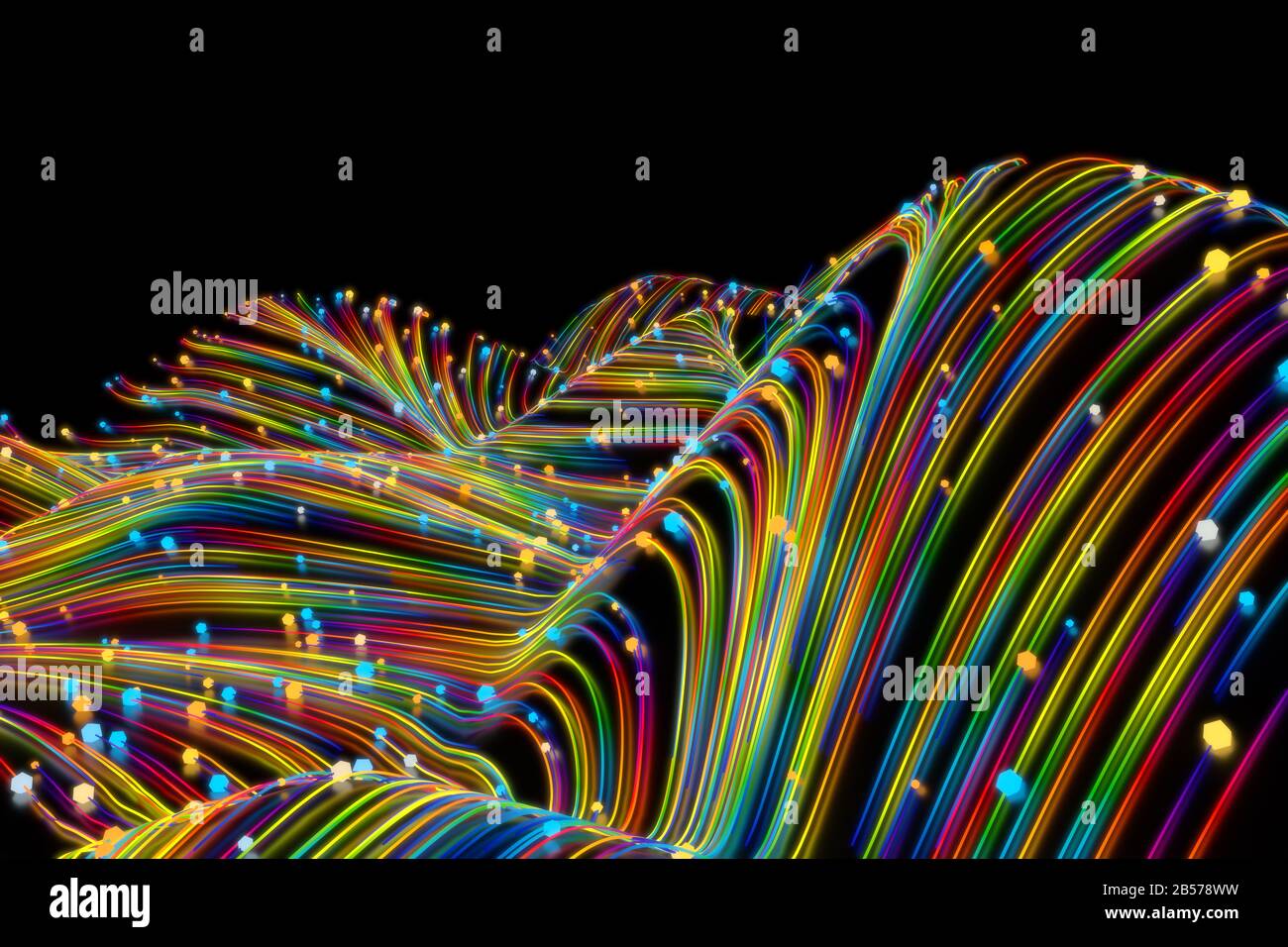 Neon glowing twisted cosmic lines on the glossy surface. Turbulence ...