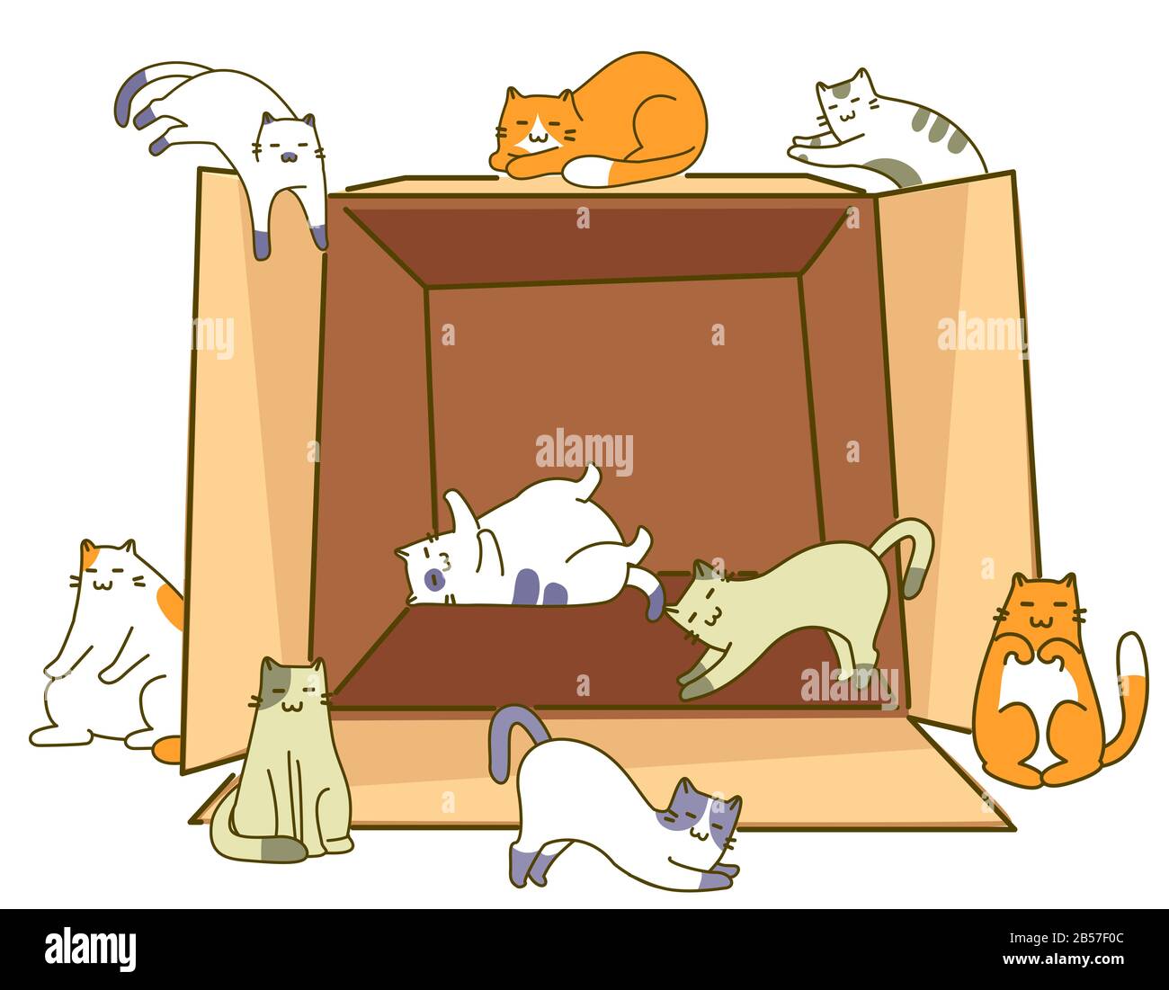 Illustration of a Cardboard Box with Several Cats in Different Poses In ...