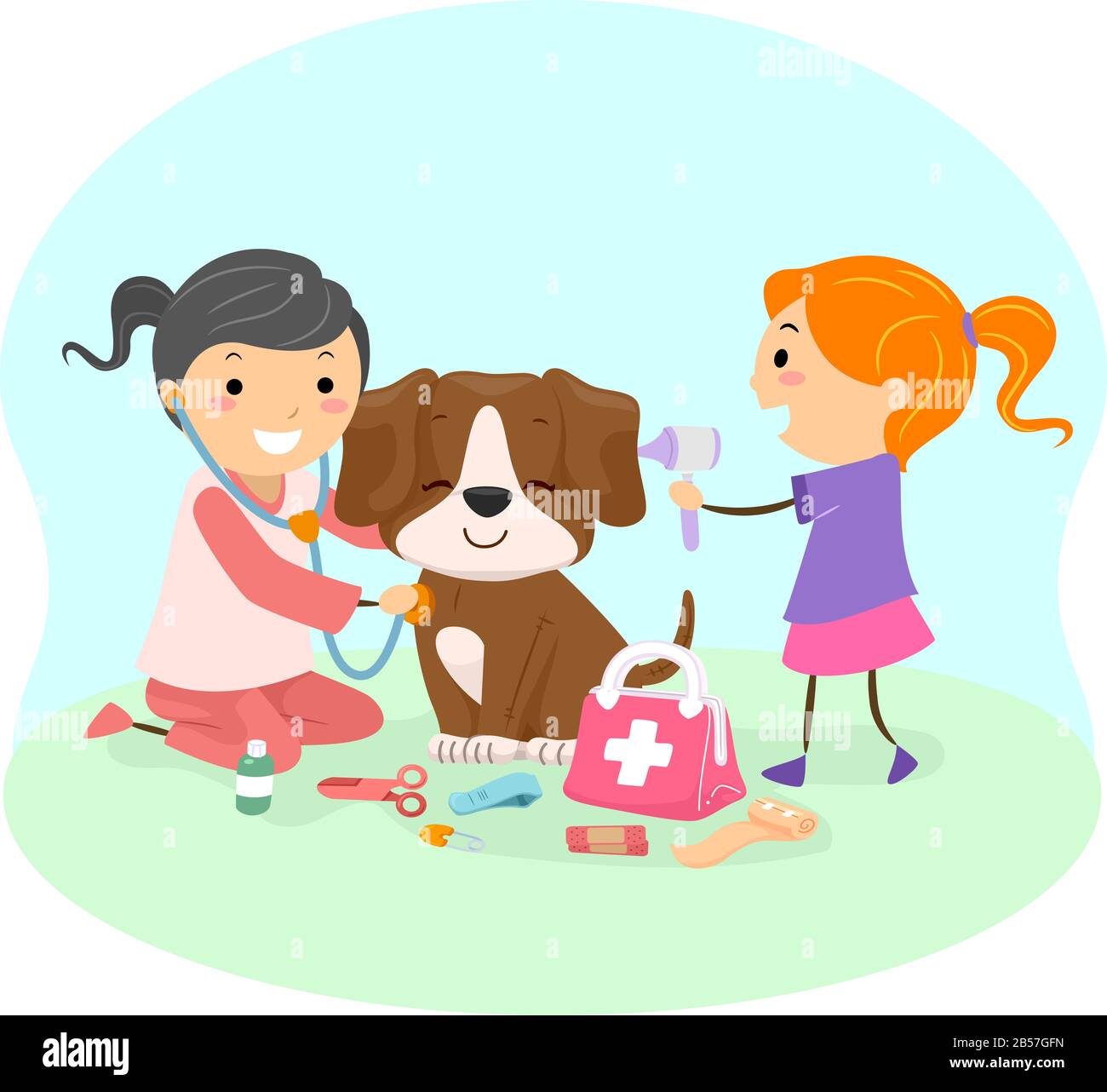 Illustration of Stickman Kids Girls Playing Veterinarian Checking the ...