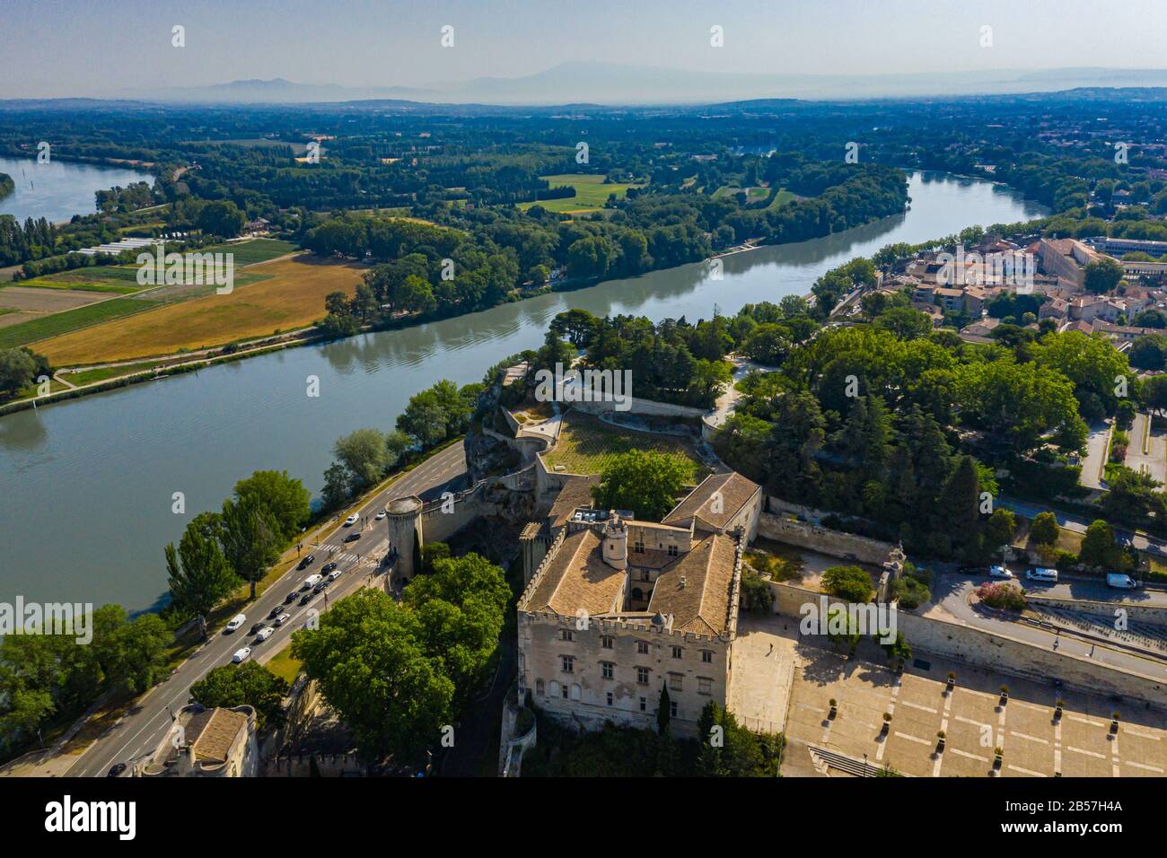 Aerial landscape of Rhone river and Avignon city in summer Stock Photo ...