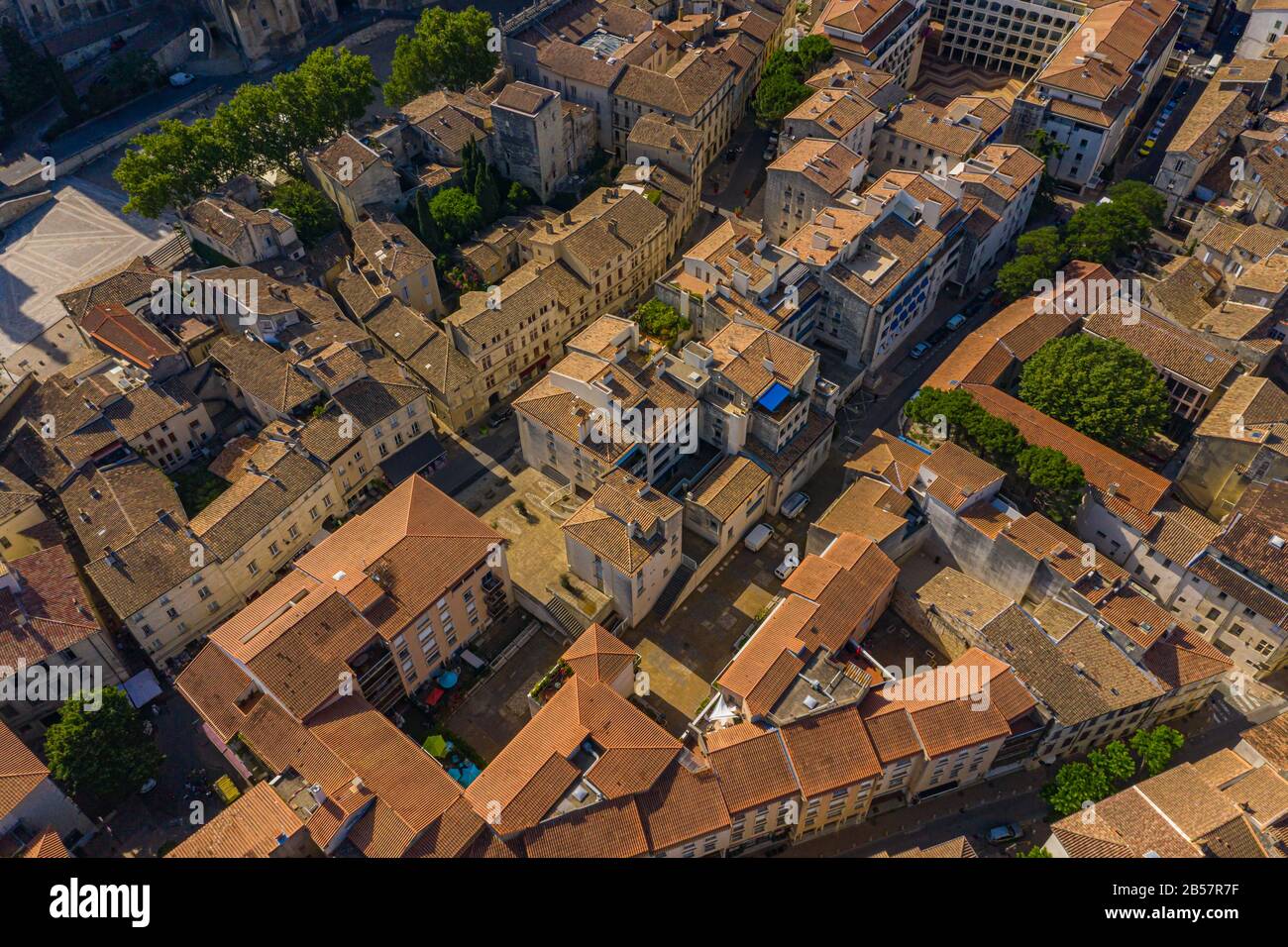 Top view photo of Avignon townscape with reddish roofing architecture ...