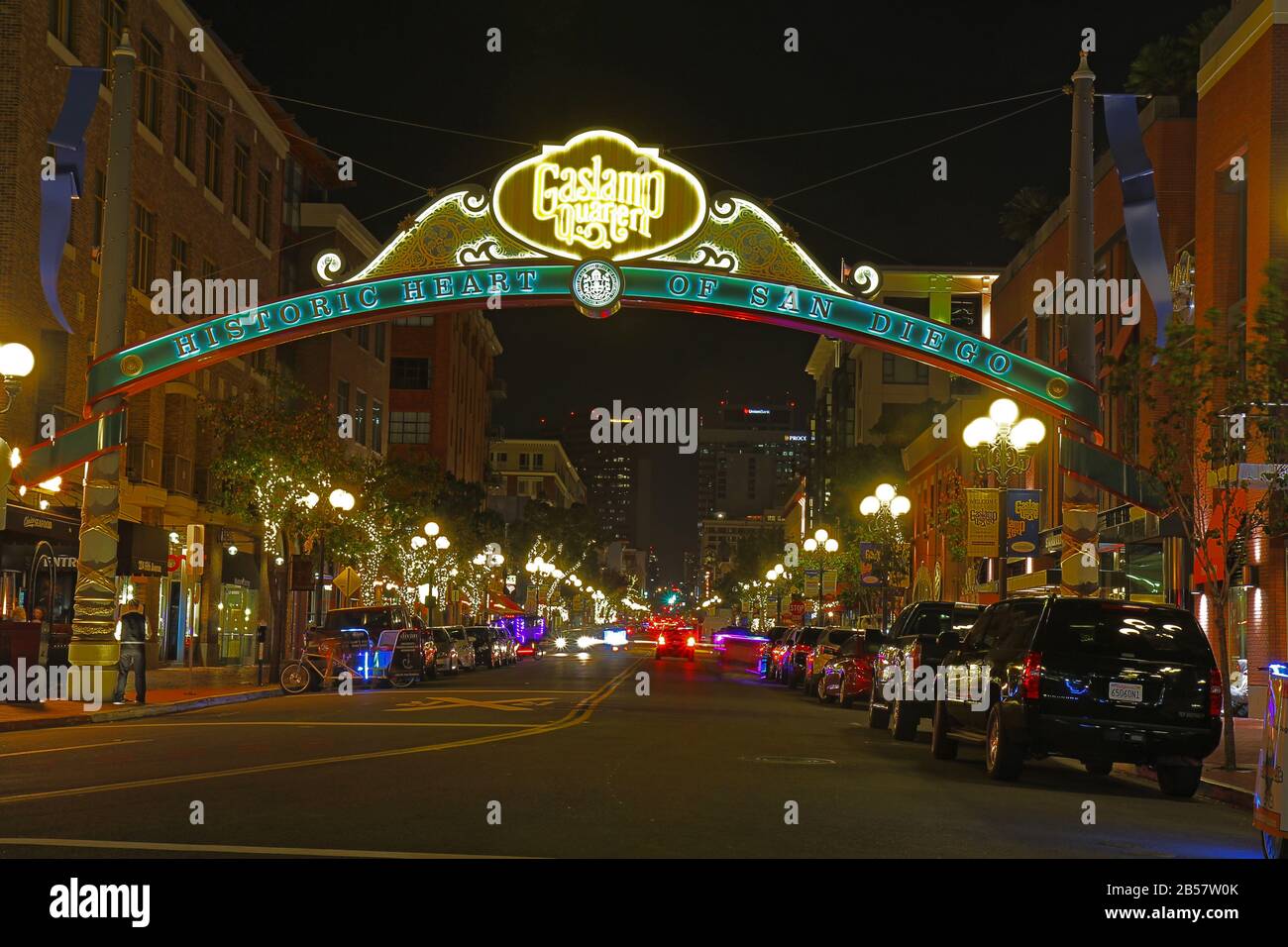 Entrance sign to the Gaslamp Quarter Historic District at night. This ...