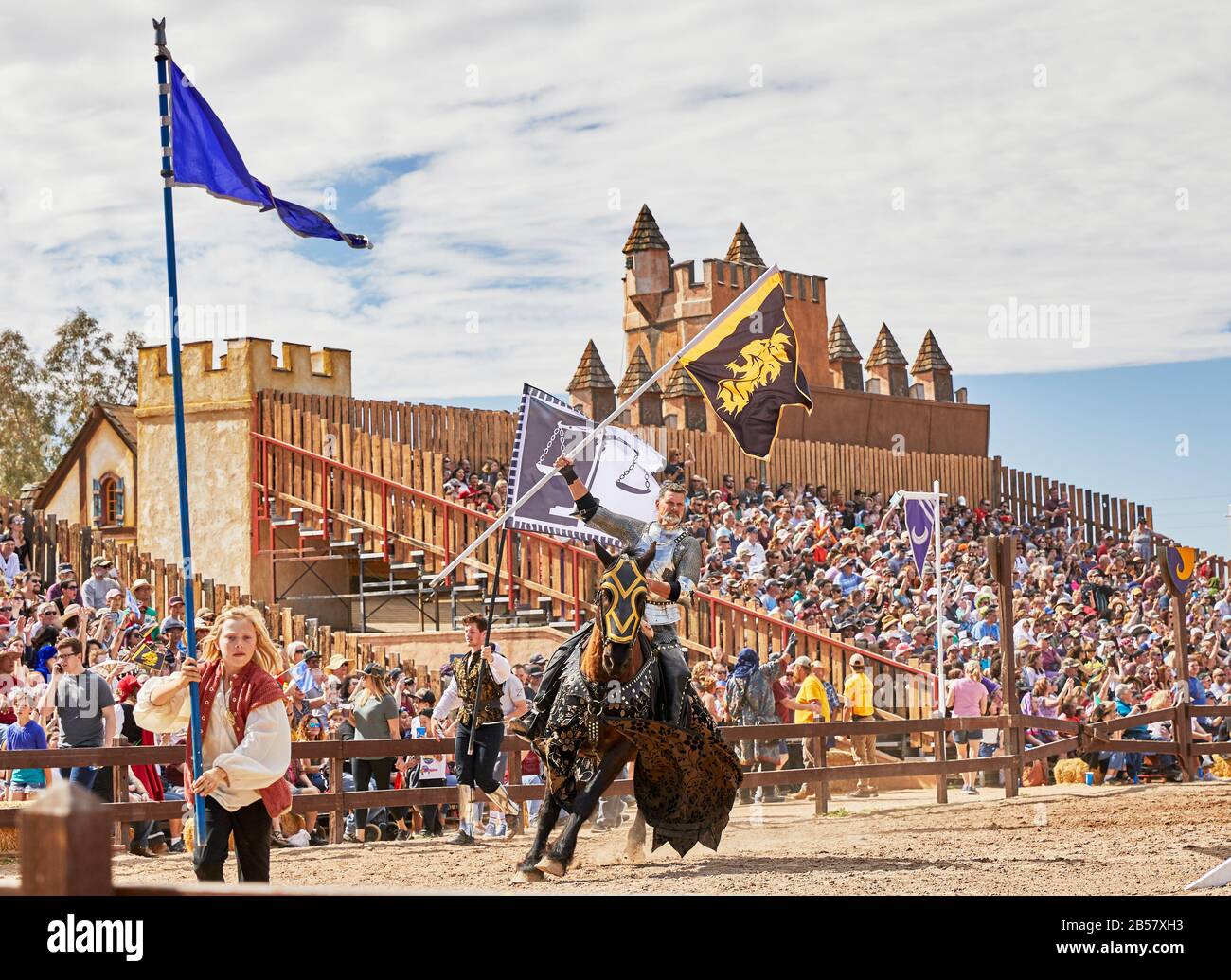 Gold Canyon, Arizona, USA - February 29, 2020: a jousting tournament participant riding a horse ...