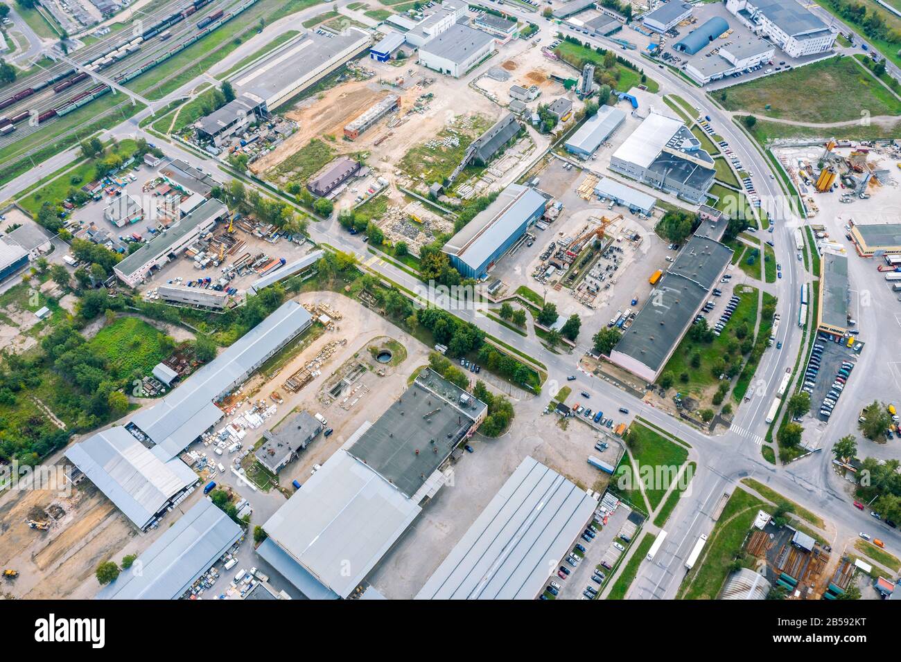 aerial view of city industrial district. various plants and ...