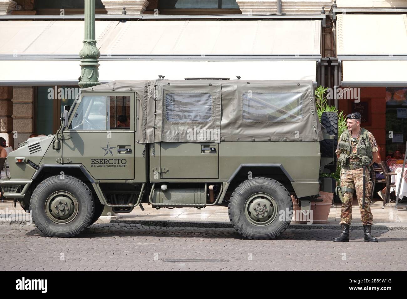 Italian soldier and army vehicle in Verona, Italy - operation "Safe ...