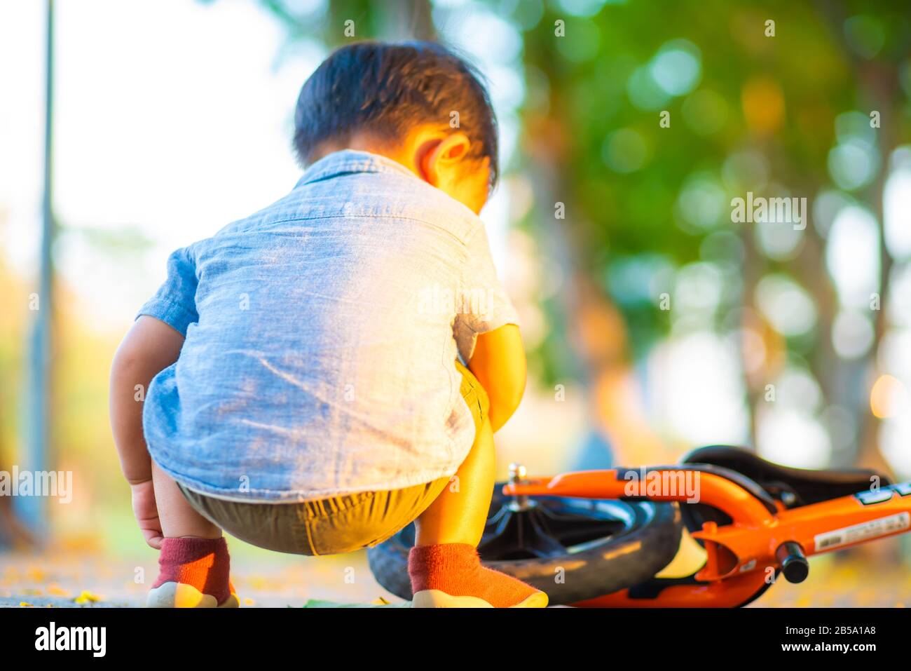 Asian boy falling balance bike accident on road in park tree forest outdoor activity Stock Photo ...