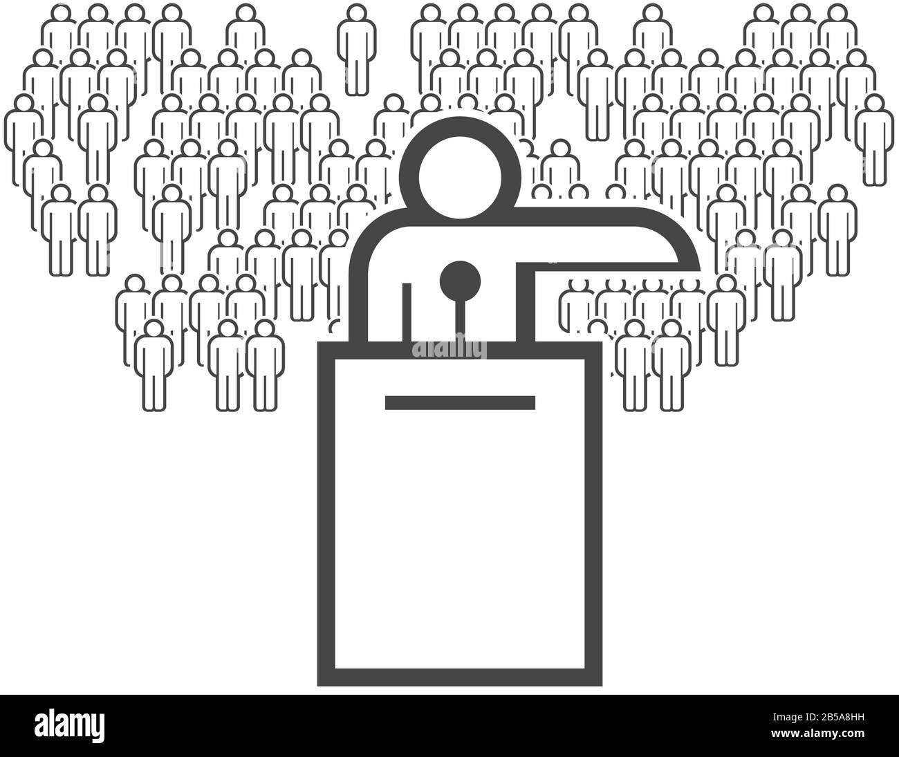 Orator on the podium and the crowd behind him. Vector flat line icon ...