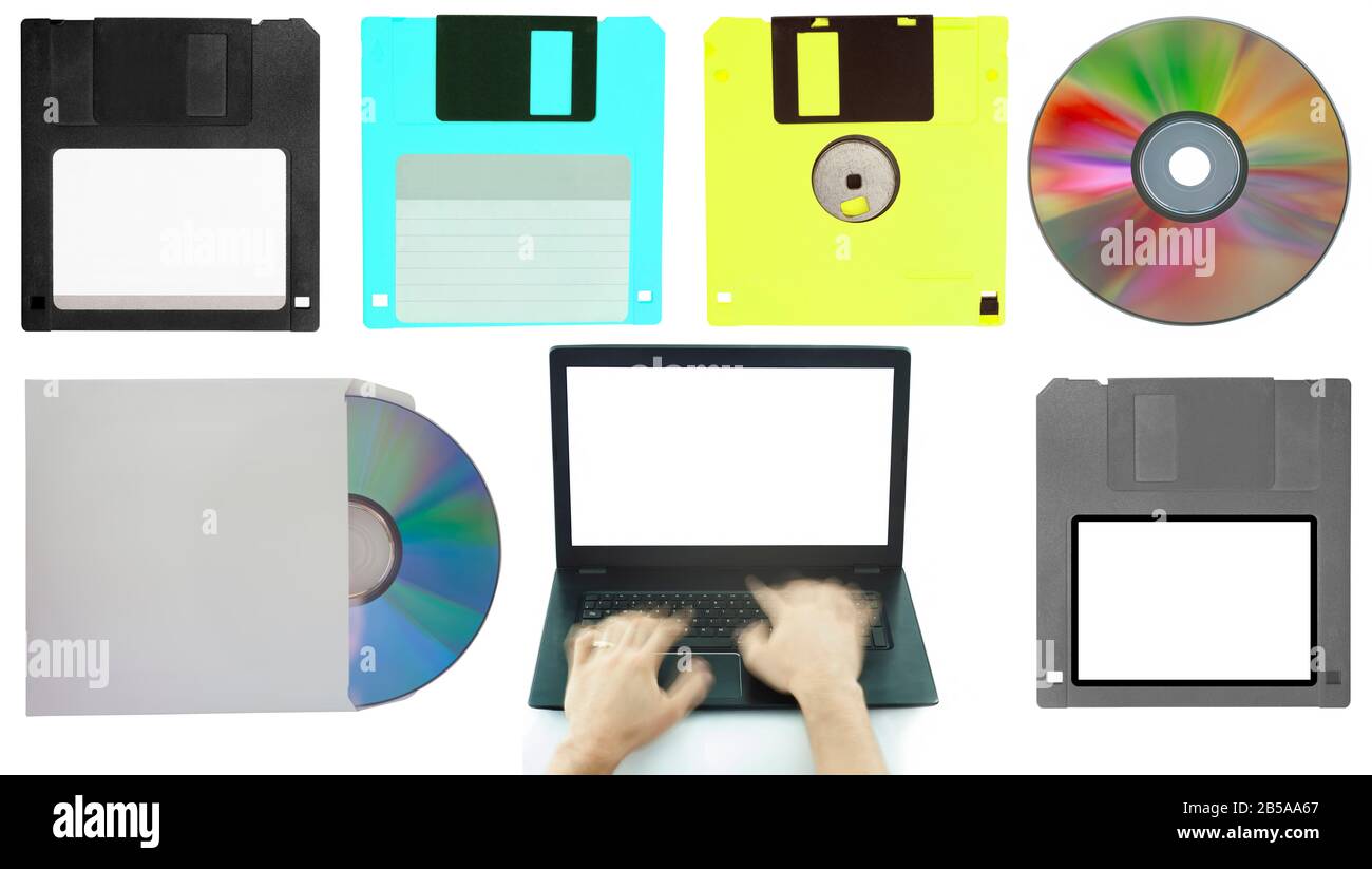 set of vintage floppy disk and cd for computer isolated on white Stock ...