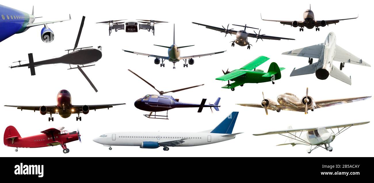 set of airplane and helicopter flying isolated on white. air ...