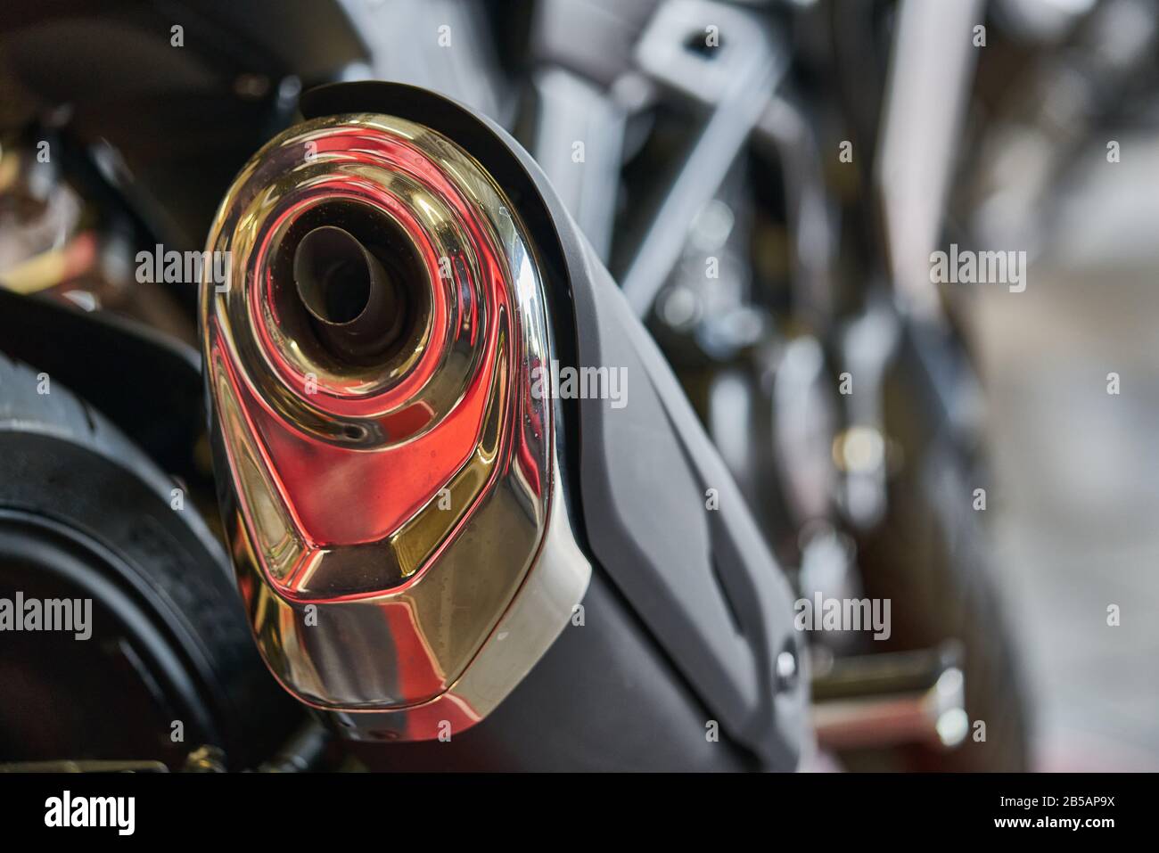 Close up shot of a motorcycle exhaust pipes Stock Photo - Alamy