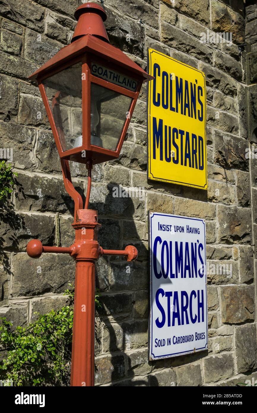 Vintage Colman's Mustard signs and lamp in Goathland station on the ...