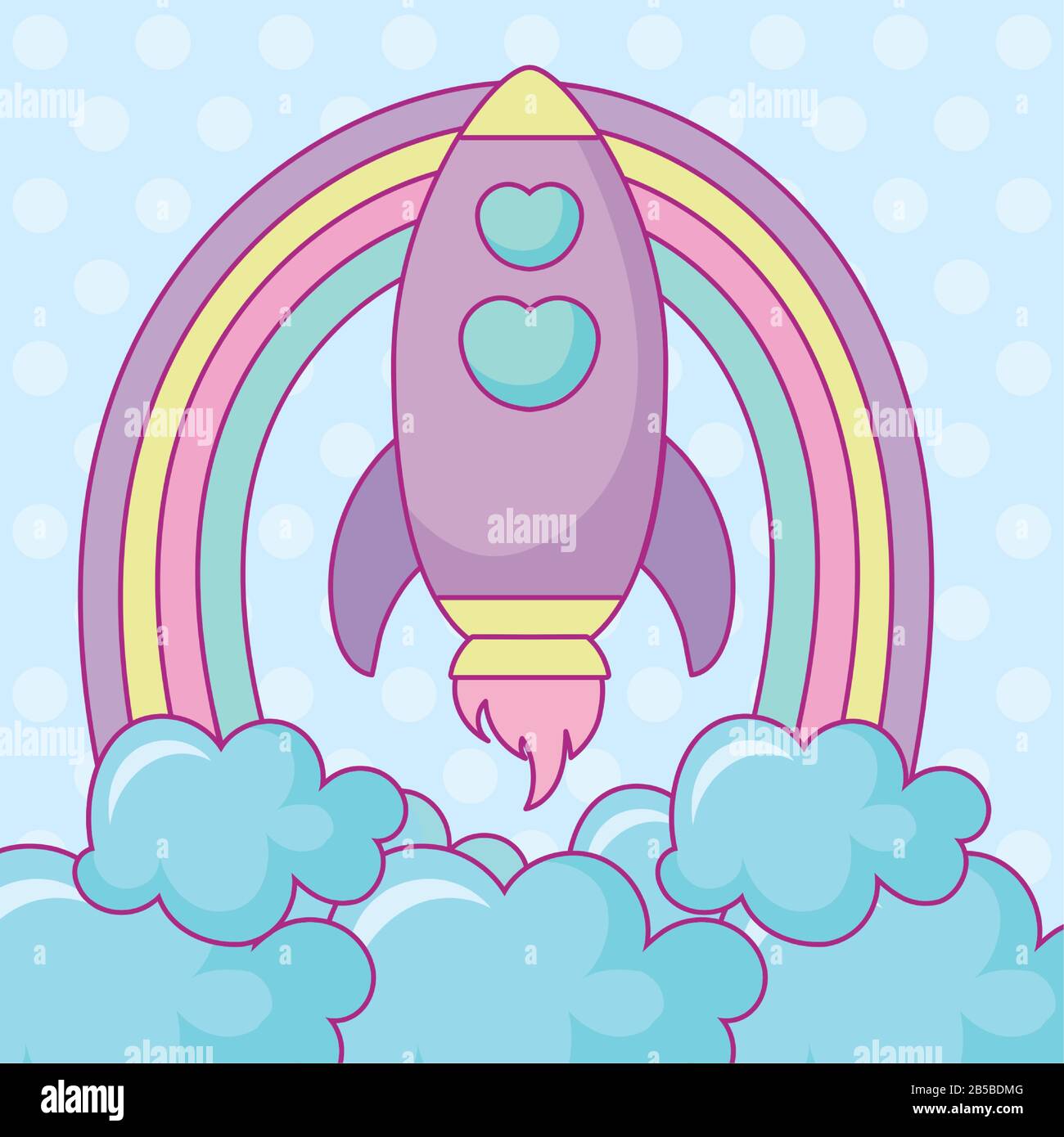 kawaii rocket with clouds and rainbow over blue background, colorful ...