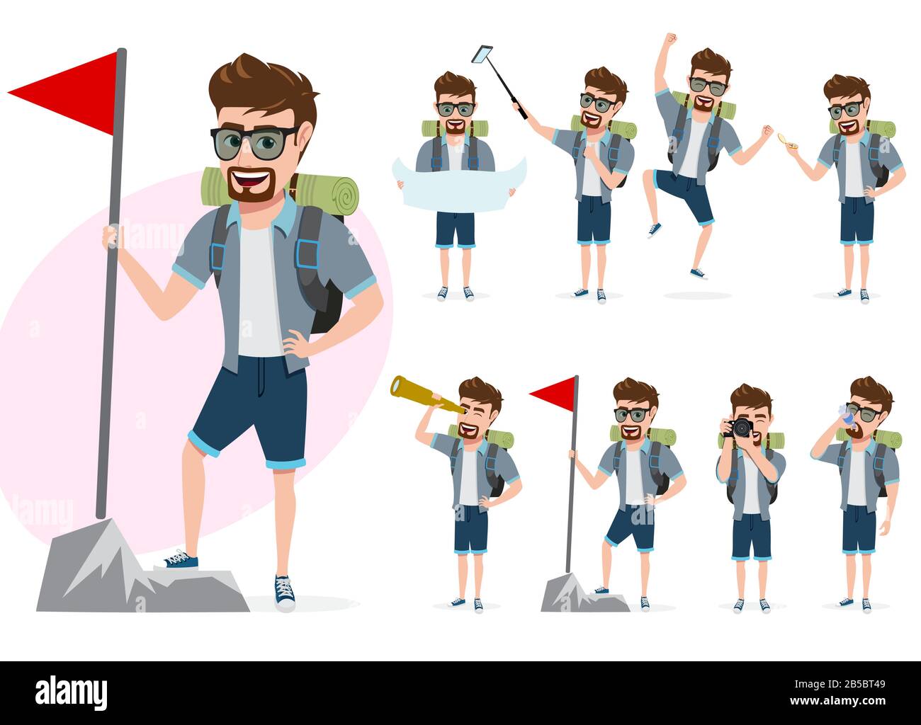 Hiking man vector character set. Male tourist climber characters in ...