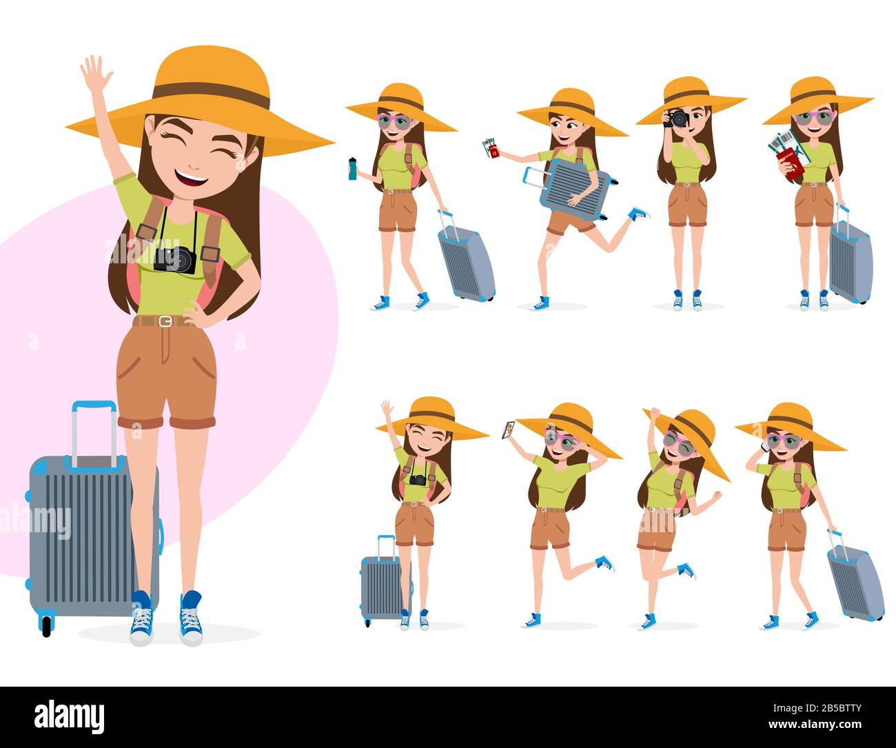 Travel woman character vector set. Tourist female character in ...