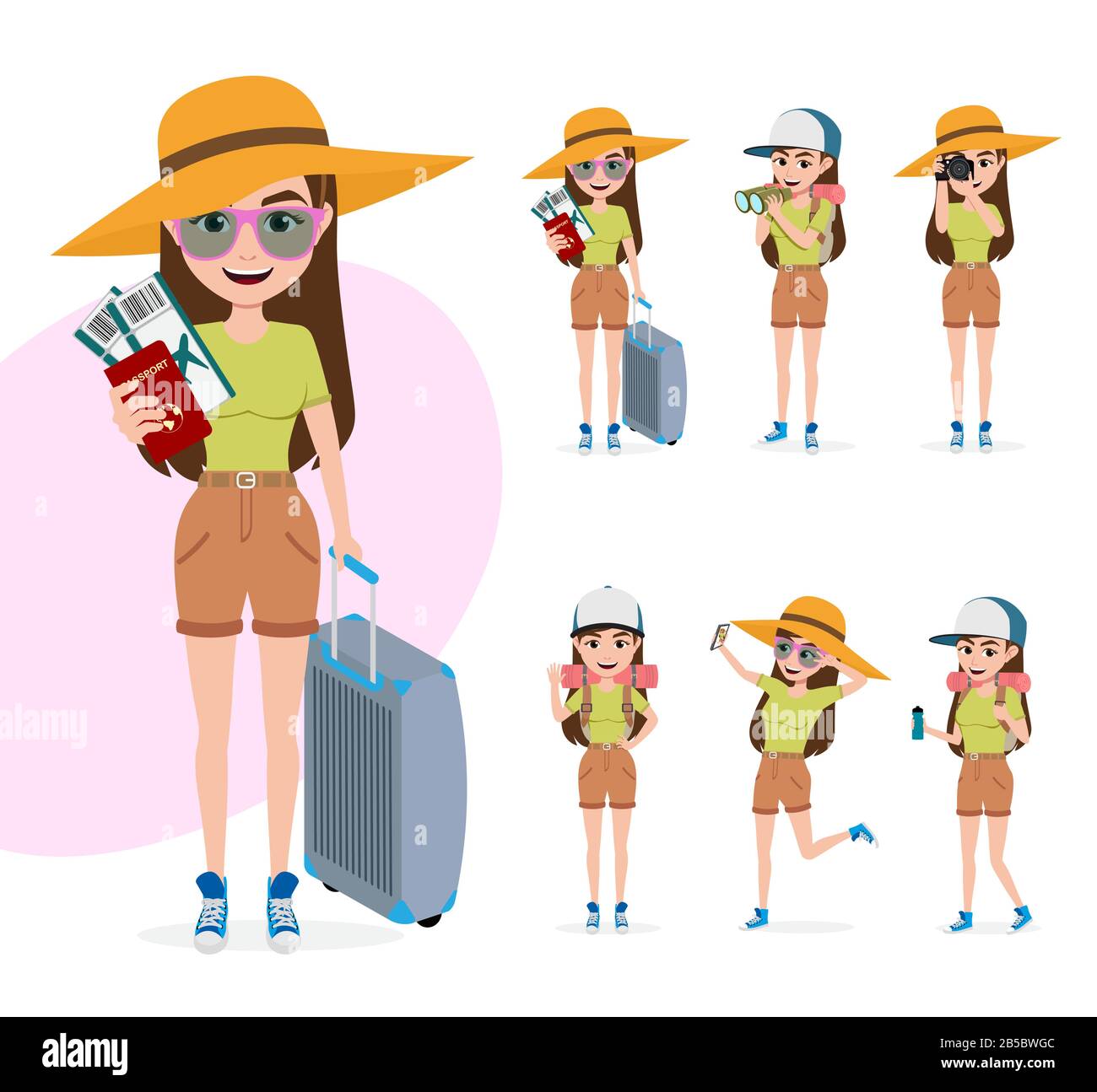 Travel woman character vector set. Tourist female character in ...