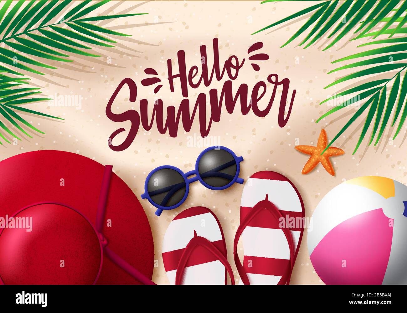 Hello summer in sand background vector design. Hello summer text with ...