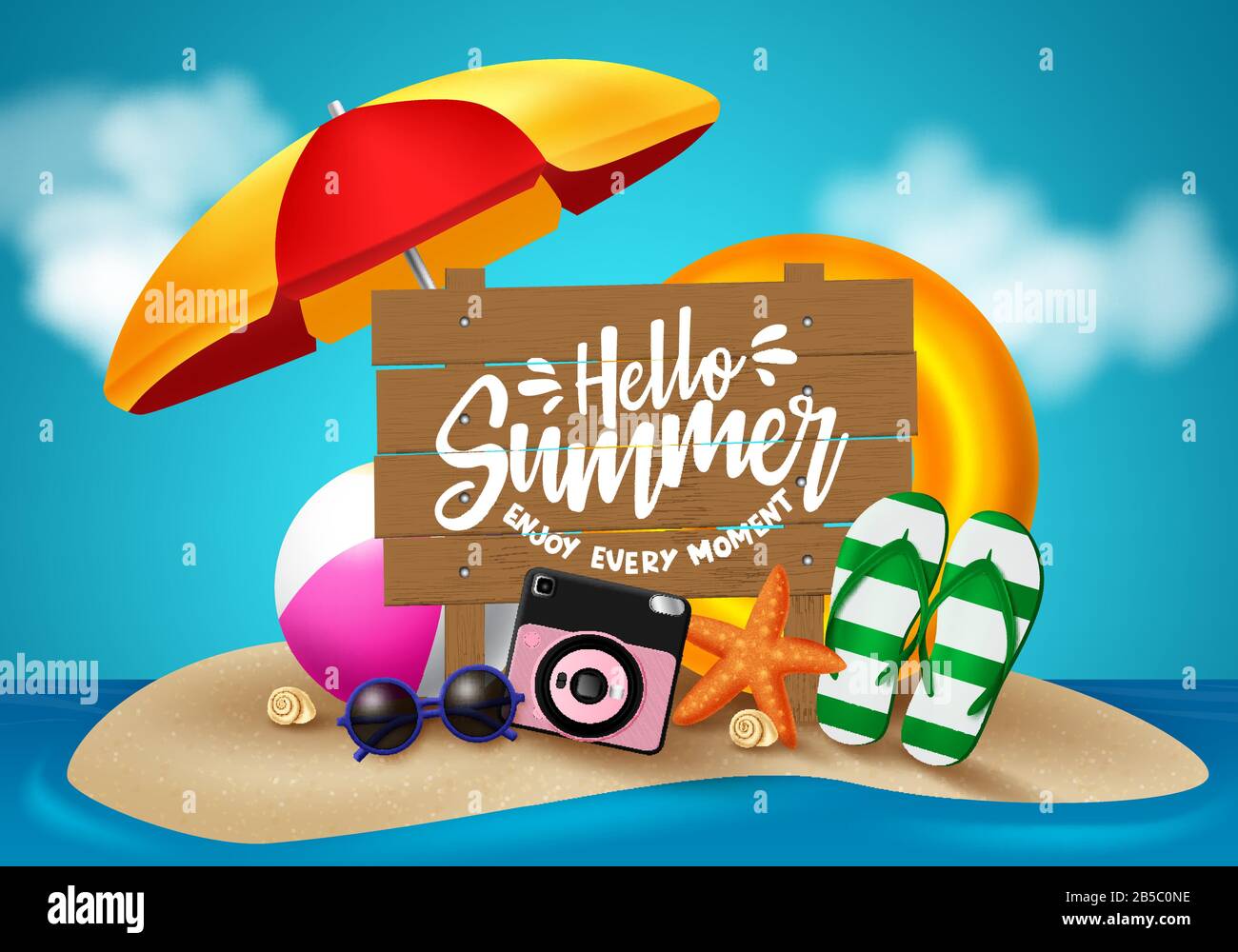 Hello summer in sand island vector design. Hello summer text in wood ...