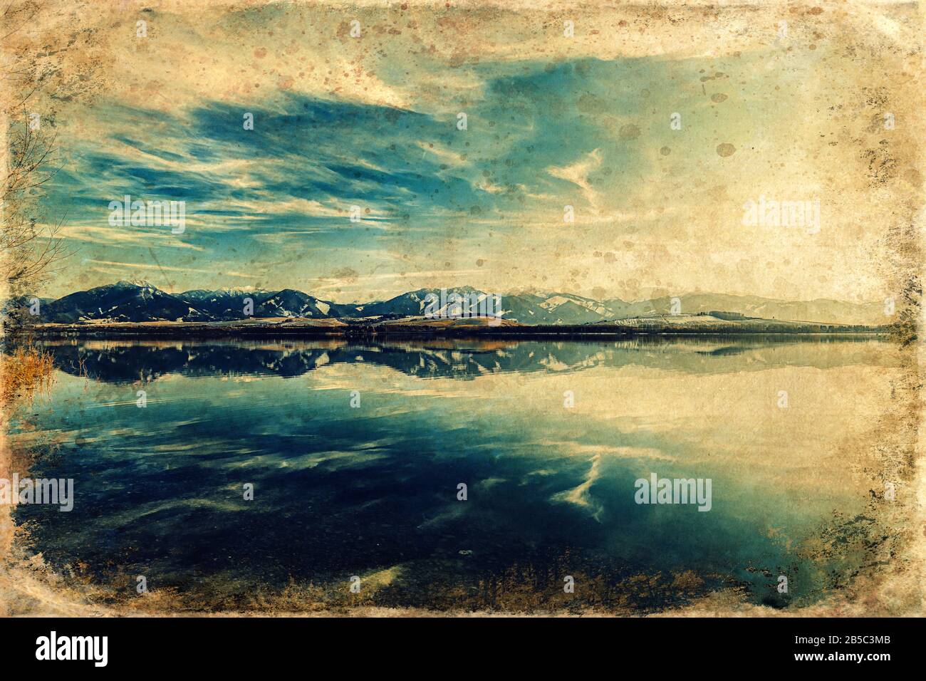 Beautiful landscape, lake with mountain in background, old photo effect ...