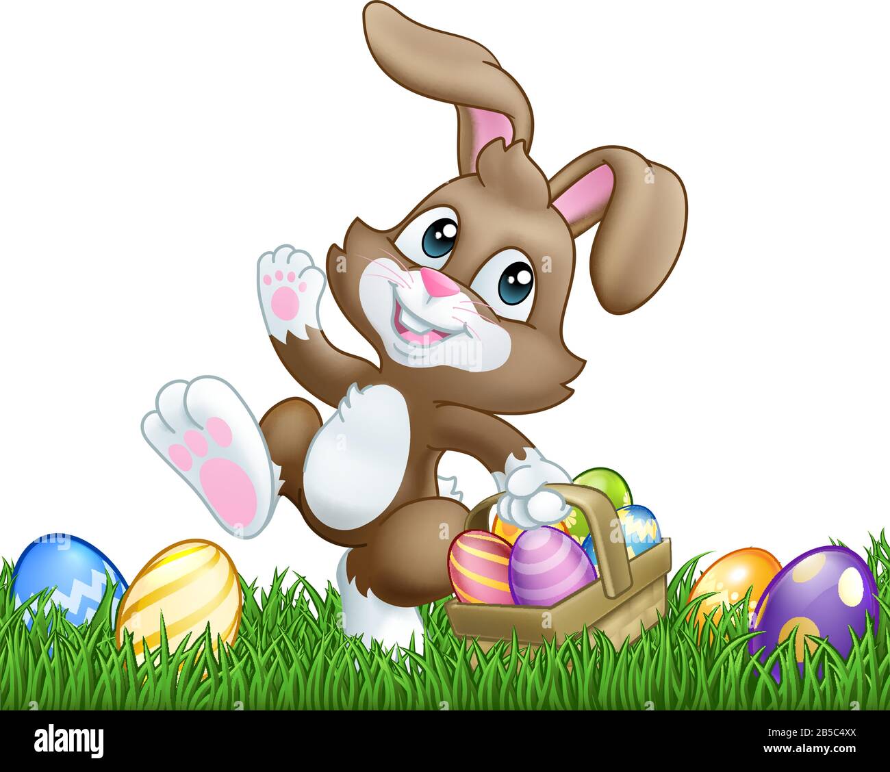 Easter Bunny Rabbit Eggs Basket Background Cartoon Stock Vector Image ...