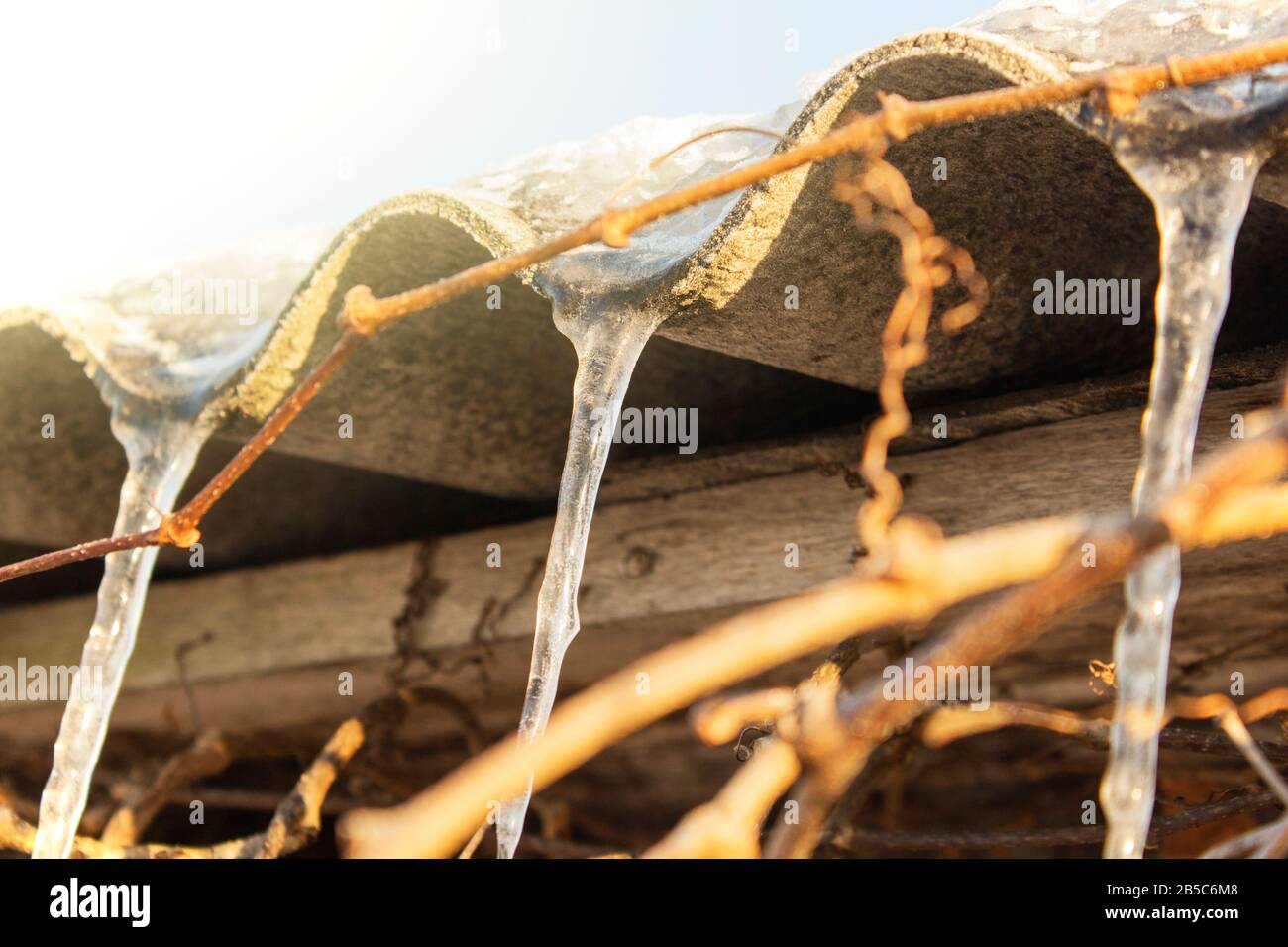 icicles which are hanging down from a roof Stock Photo - Alamy