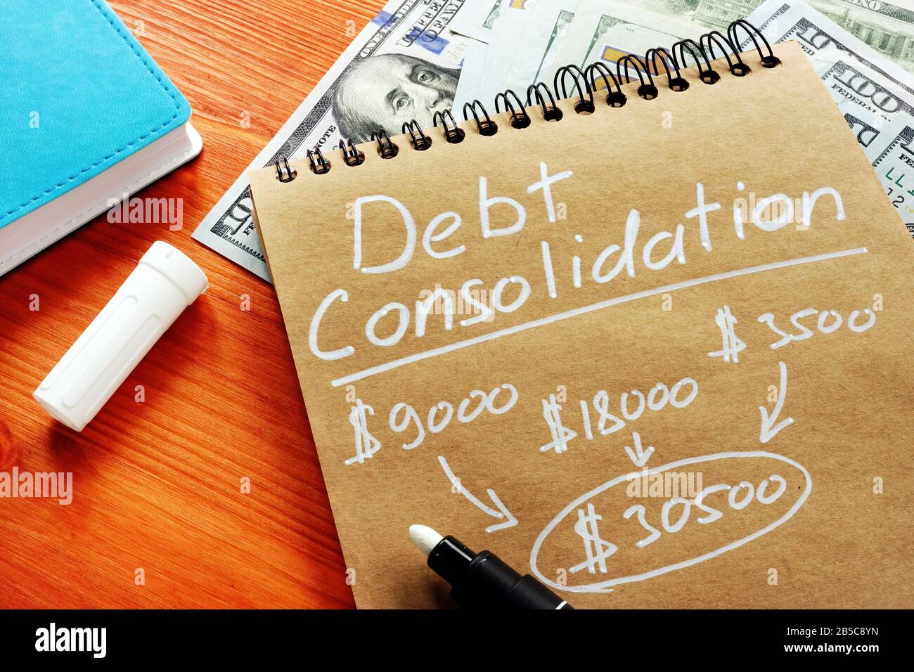 Debt consolidation title with written calculations Stock Photo - Alamy