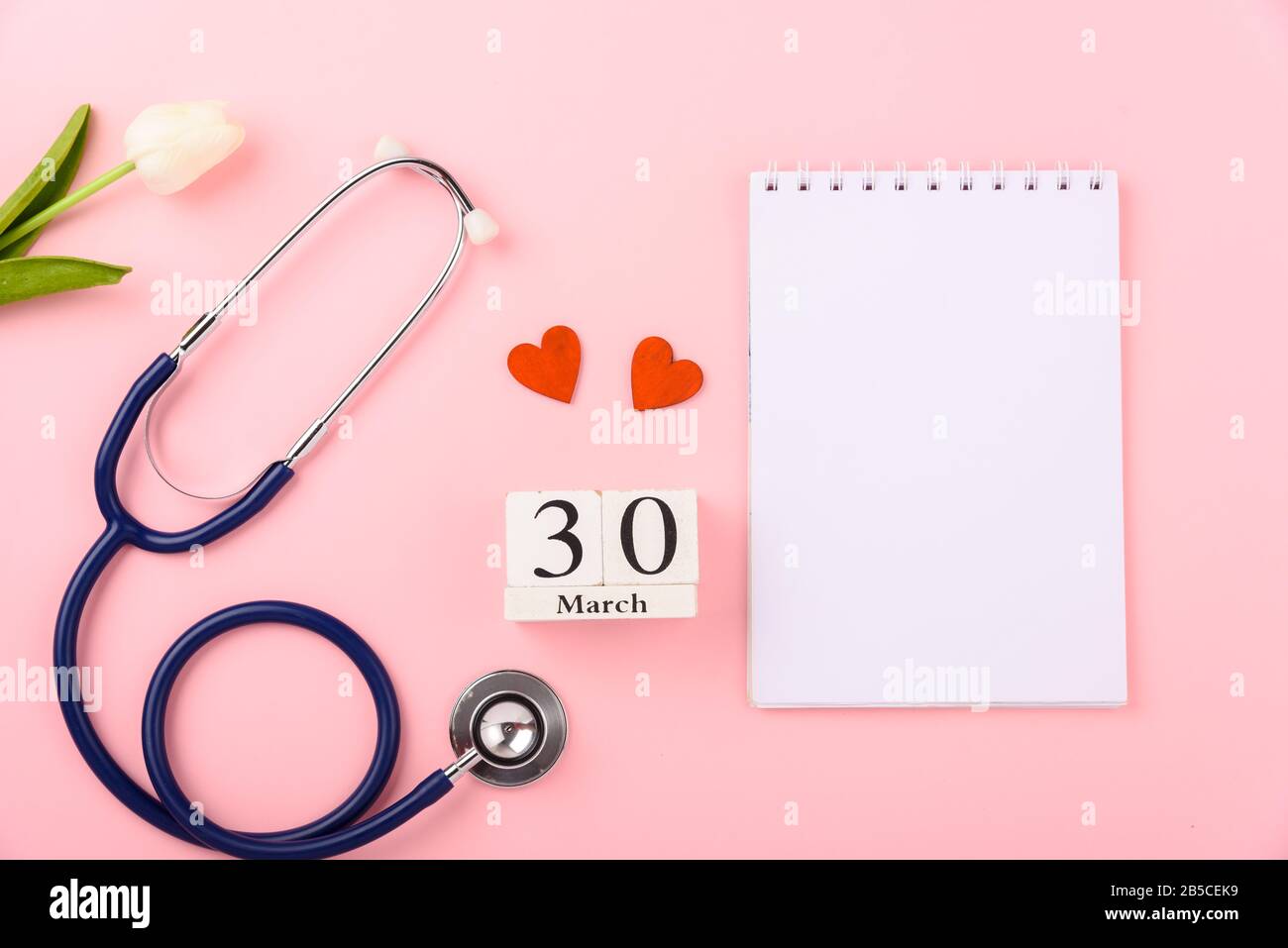 Doctor's Day concept, flat lay top view, equipment medical red heart ...