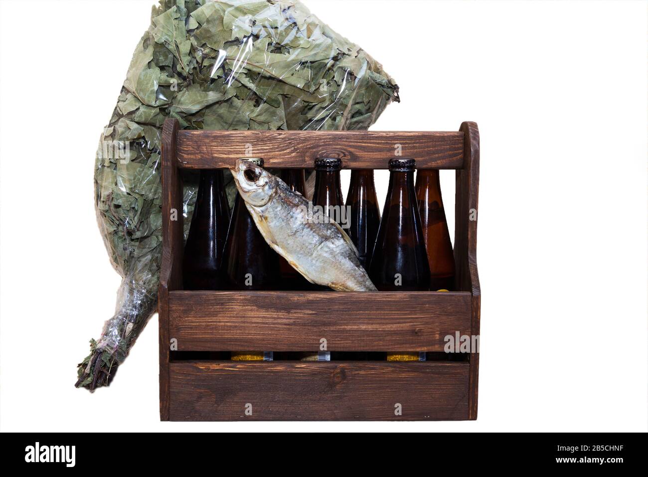 men's set for a trip to the sauna with beer and fish. Isolated on a ...