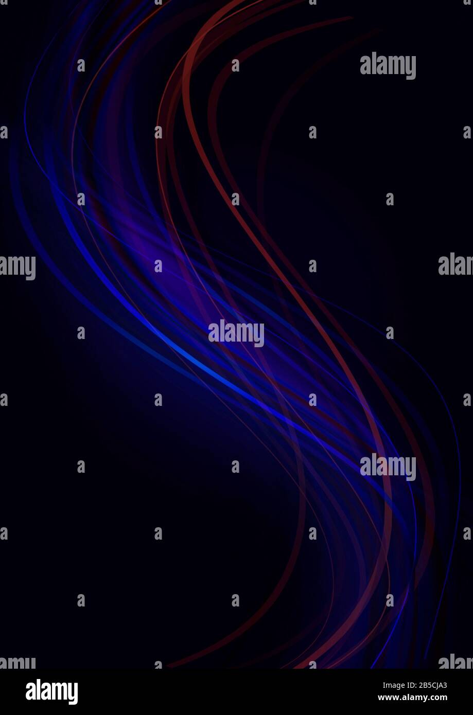 Abstract bright blue and maroon intersecting curved stripes cover a ...