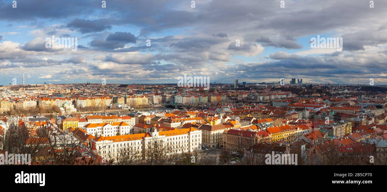 Panorama of Prague City in sunset. Aerial panoramic view of famous ...