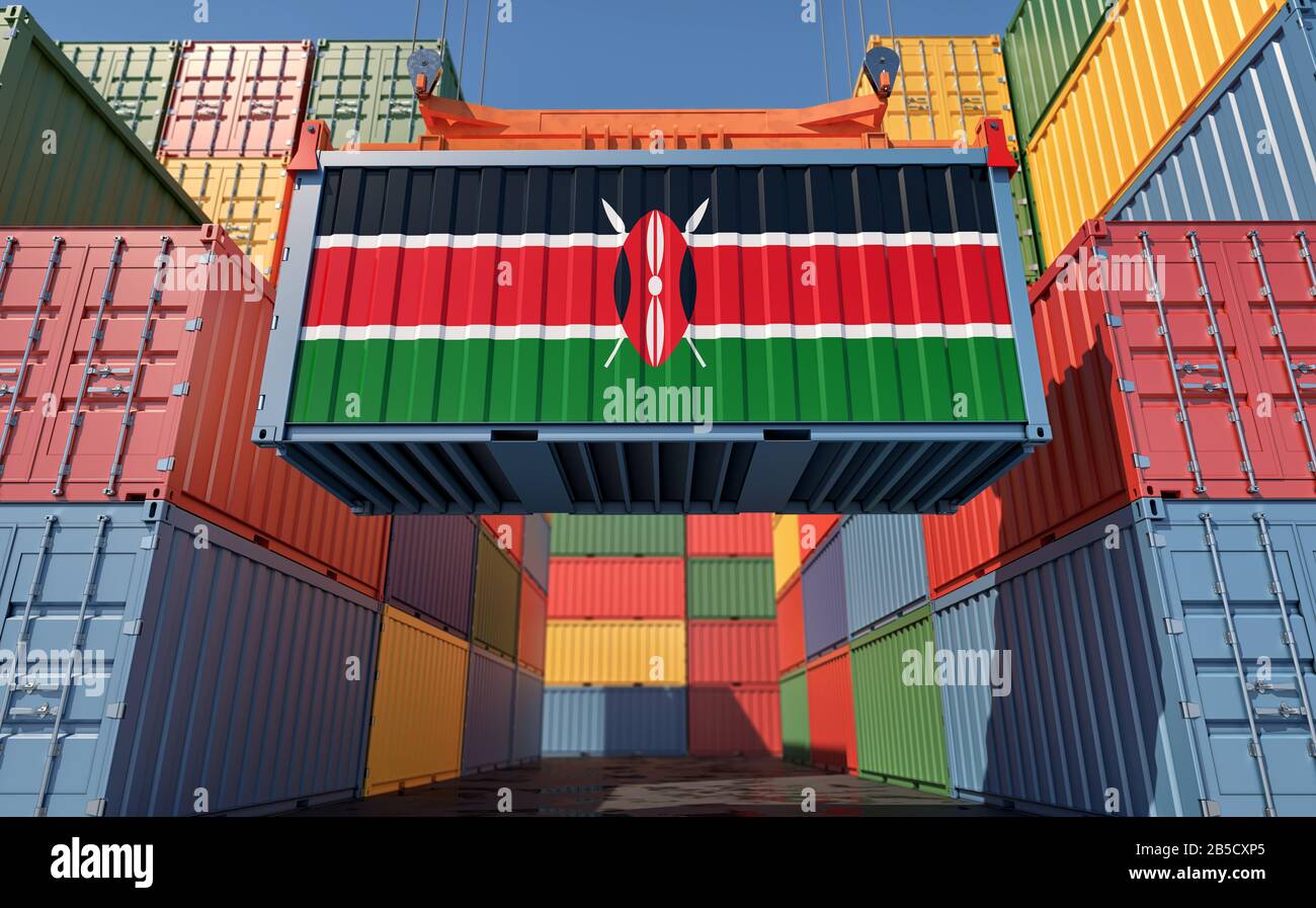 Container Terminal - Freight container with Kenya flag. 3D Rendering ...