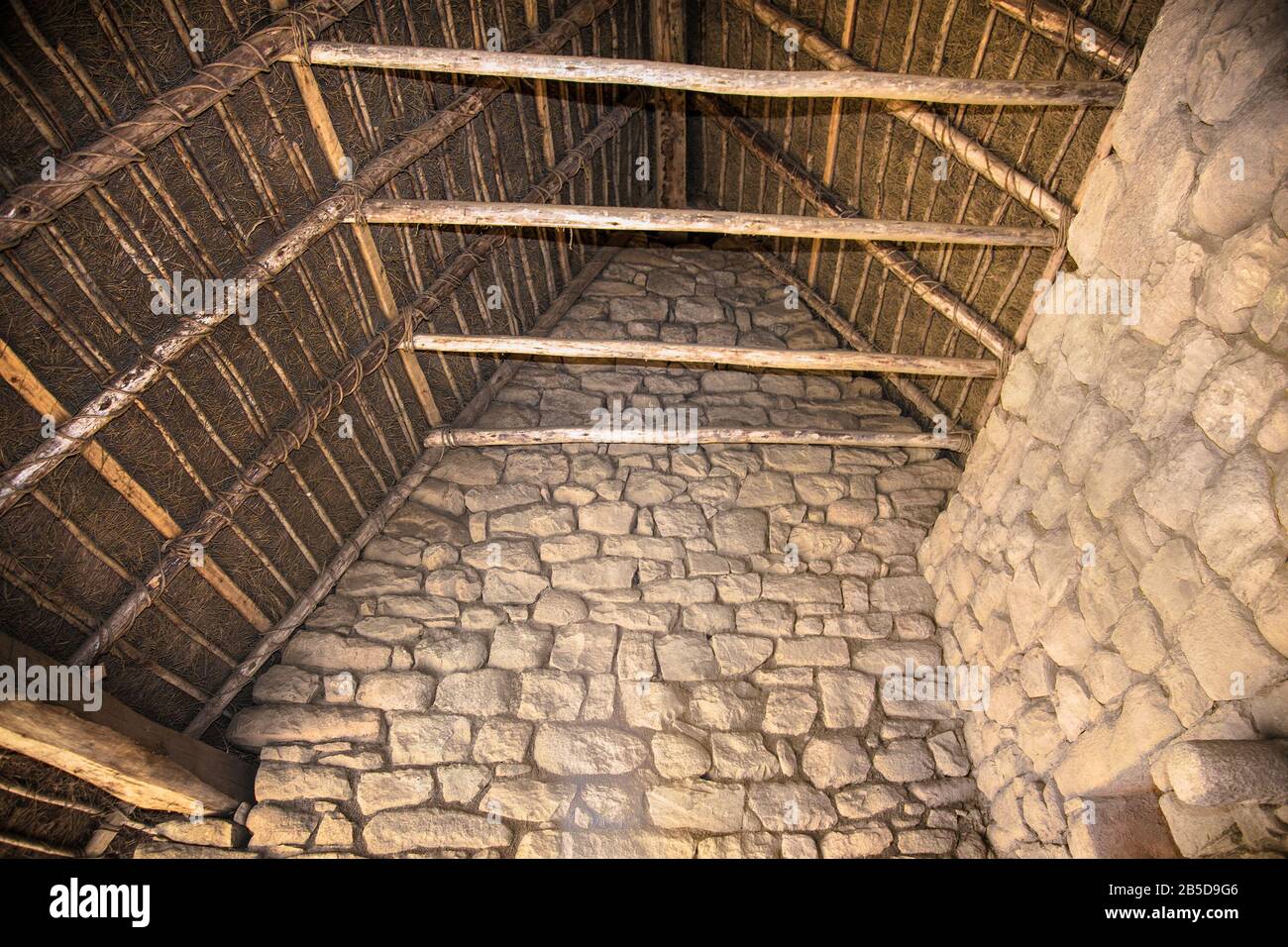 Roof of Incredible Inca House in Ancient Machu Picchu , Peru. South America. Archaeological site ...