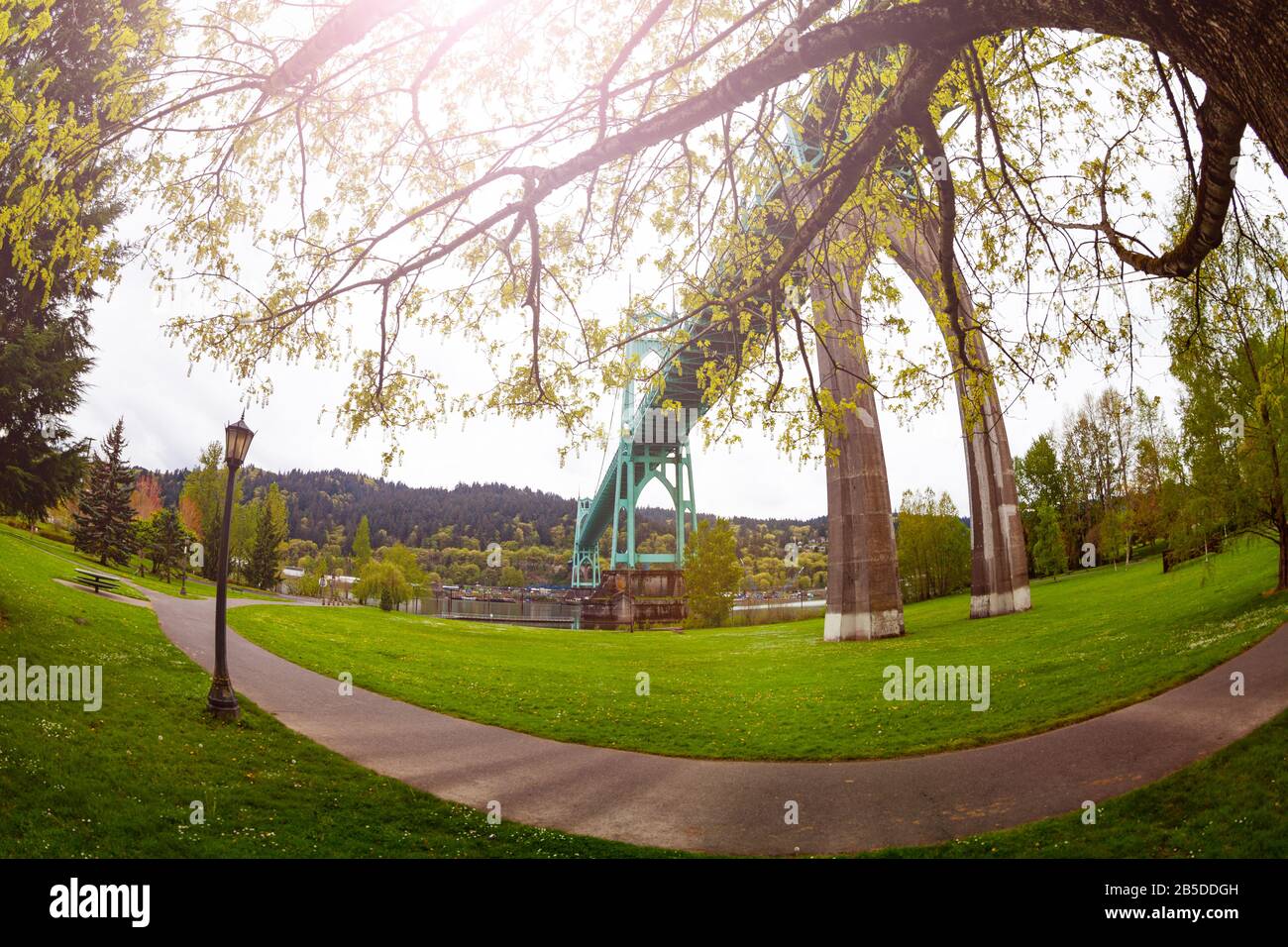 St. Johns suspension bridge in Portland view underneath from park below ...
