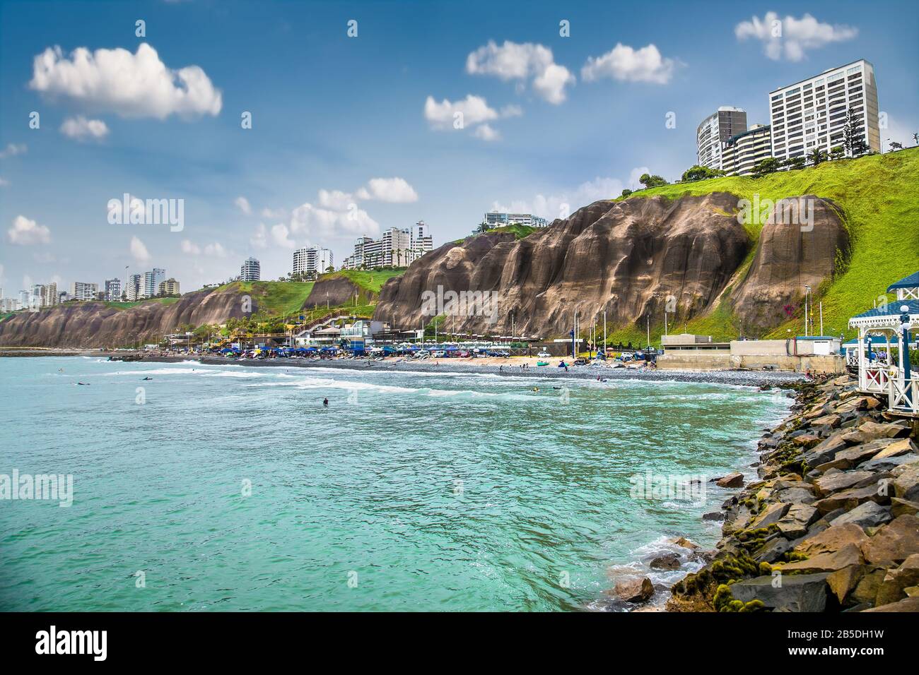 Pacific coast view in sunny day, observation deck, stairway to the ...
