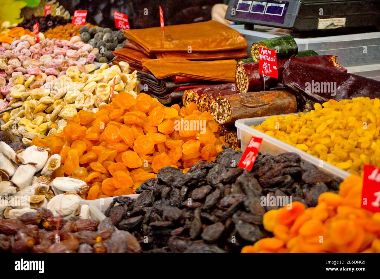 A lot of types of dried fruits with prices on a oriental market Stock ...