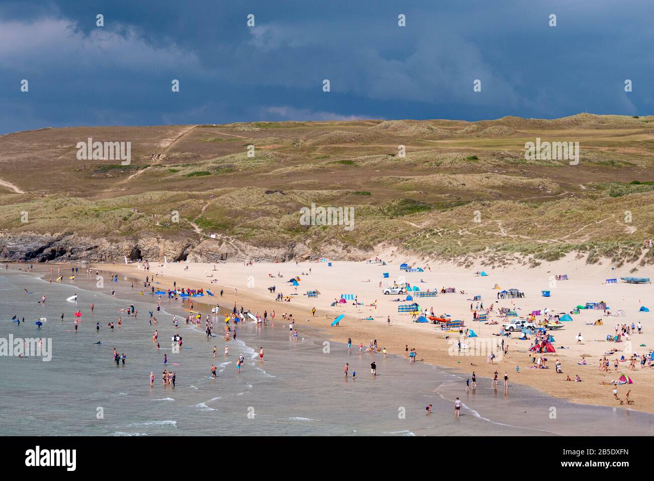 Perran beach on a wam July day, Perranporth, north Cornwall, UK Stock ...