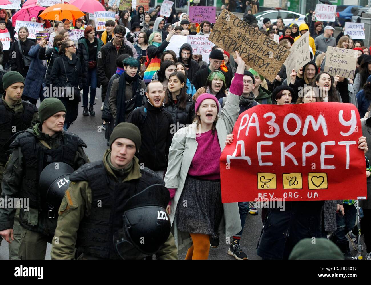 Kiev, Ukraine. 28th Feb, 2020. Ukrainian feminists and their supporters ...