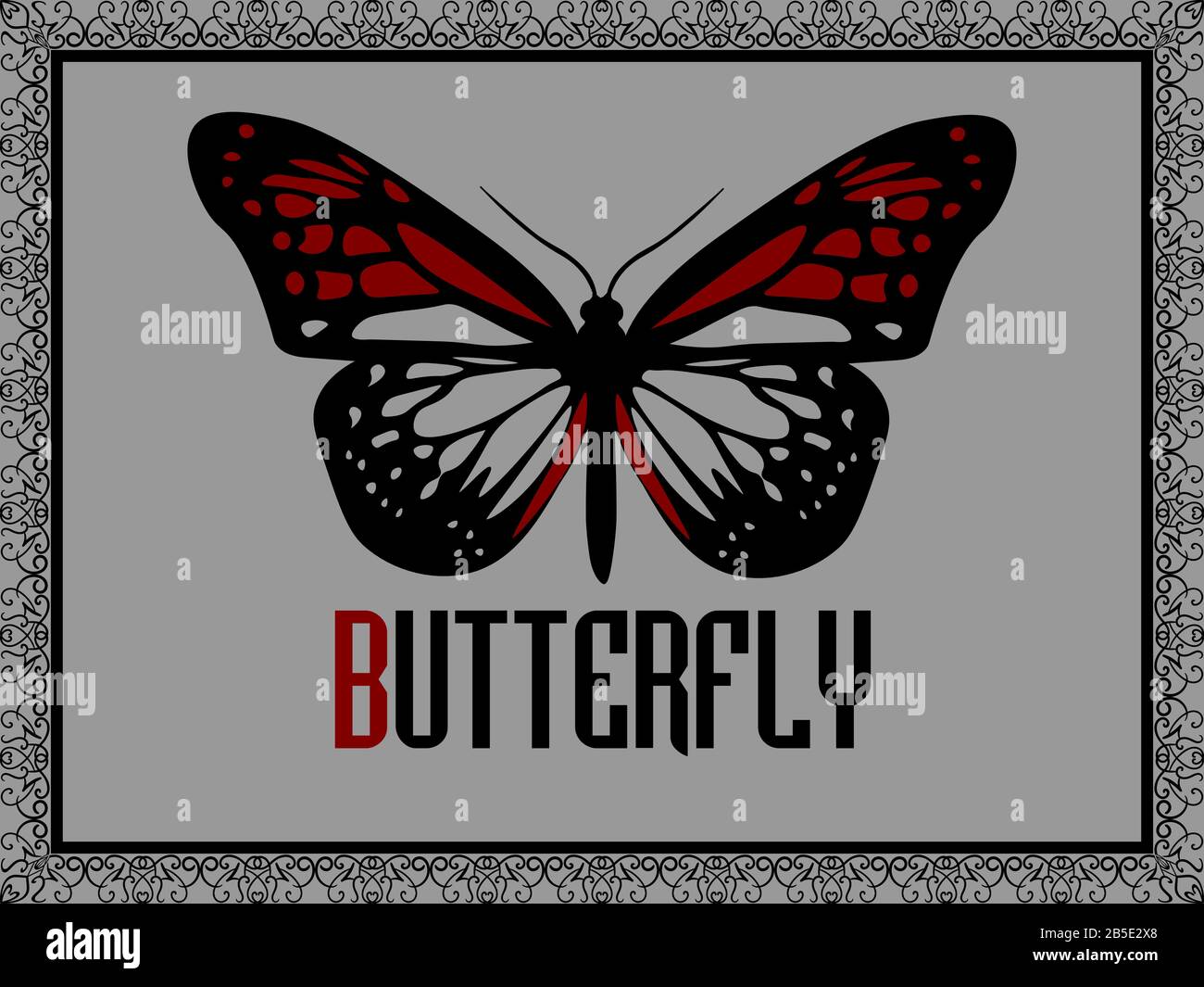 Realistic red butterfly in black elegant ornate frame on grey ...