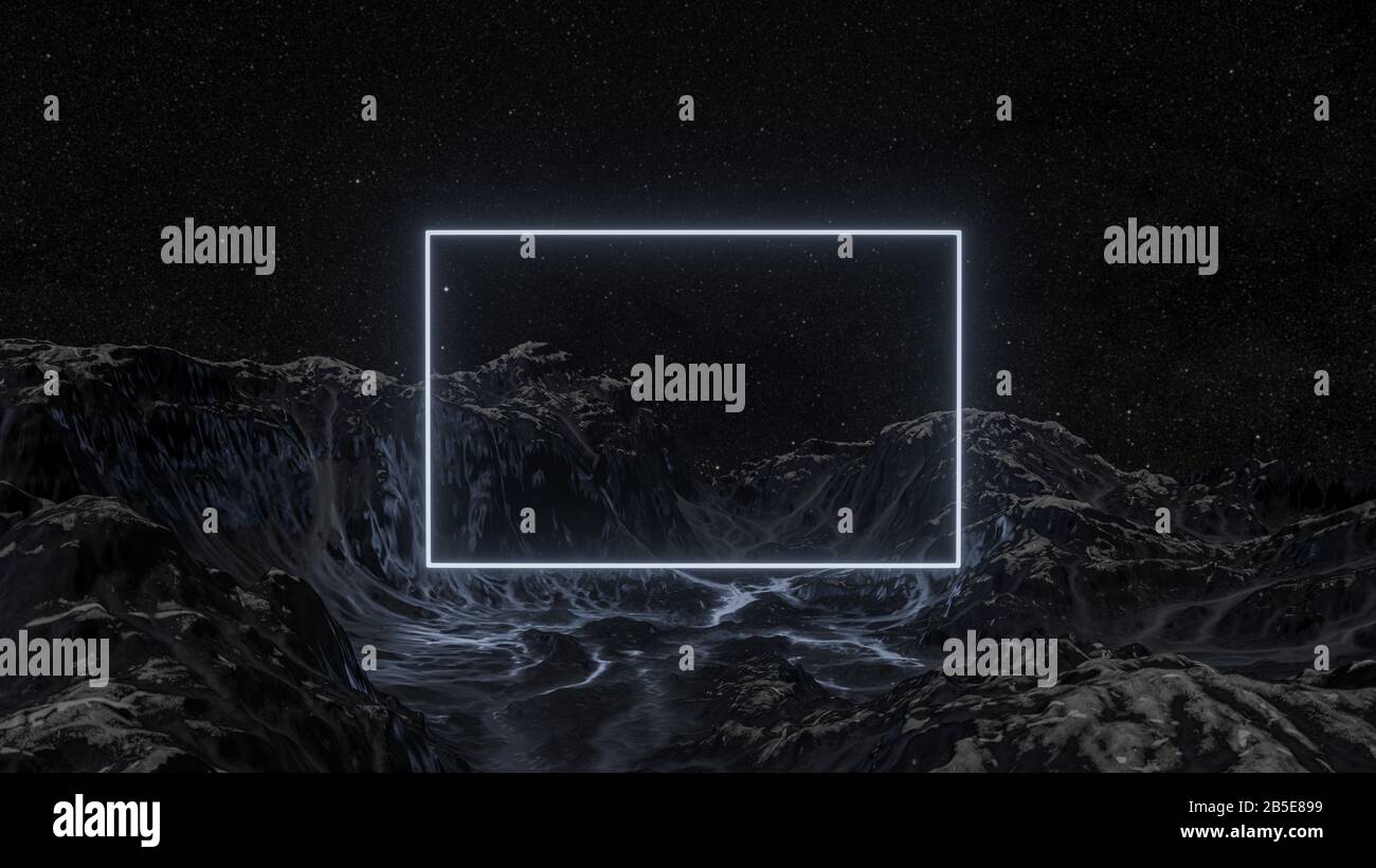 Glowing rectangle, mountains and night starry sky Stock Photo - Alamy