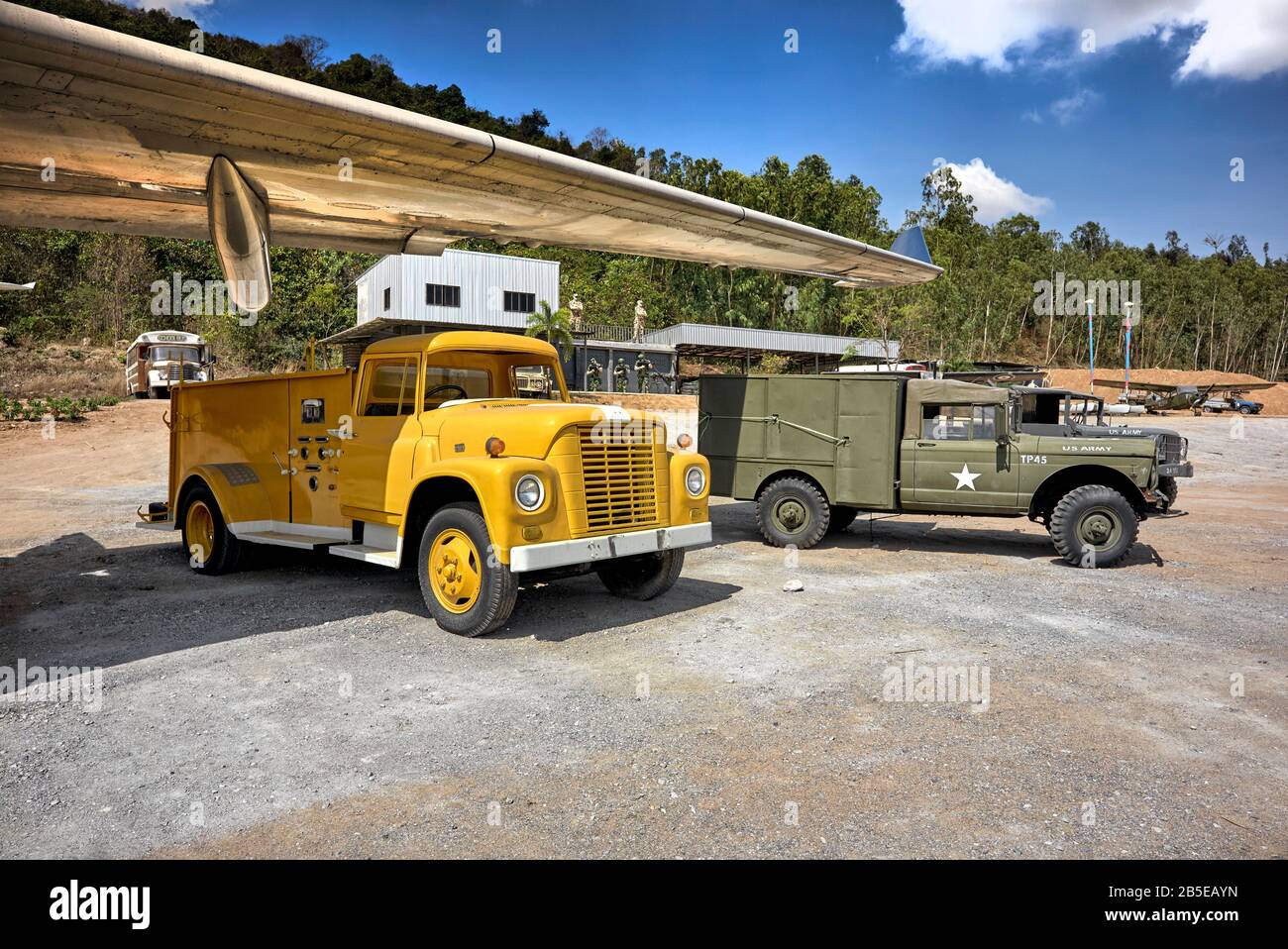 Fire Truck yellow. USA army WW2 reconstruction site with vintage and ...