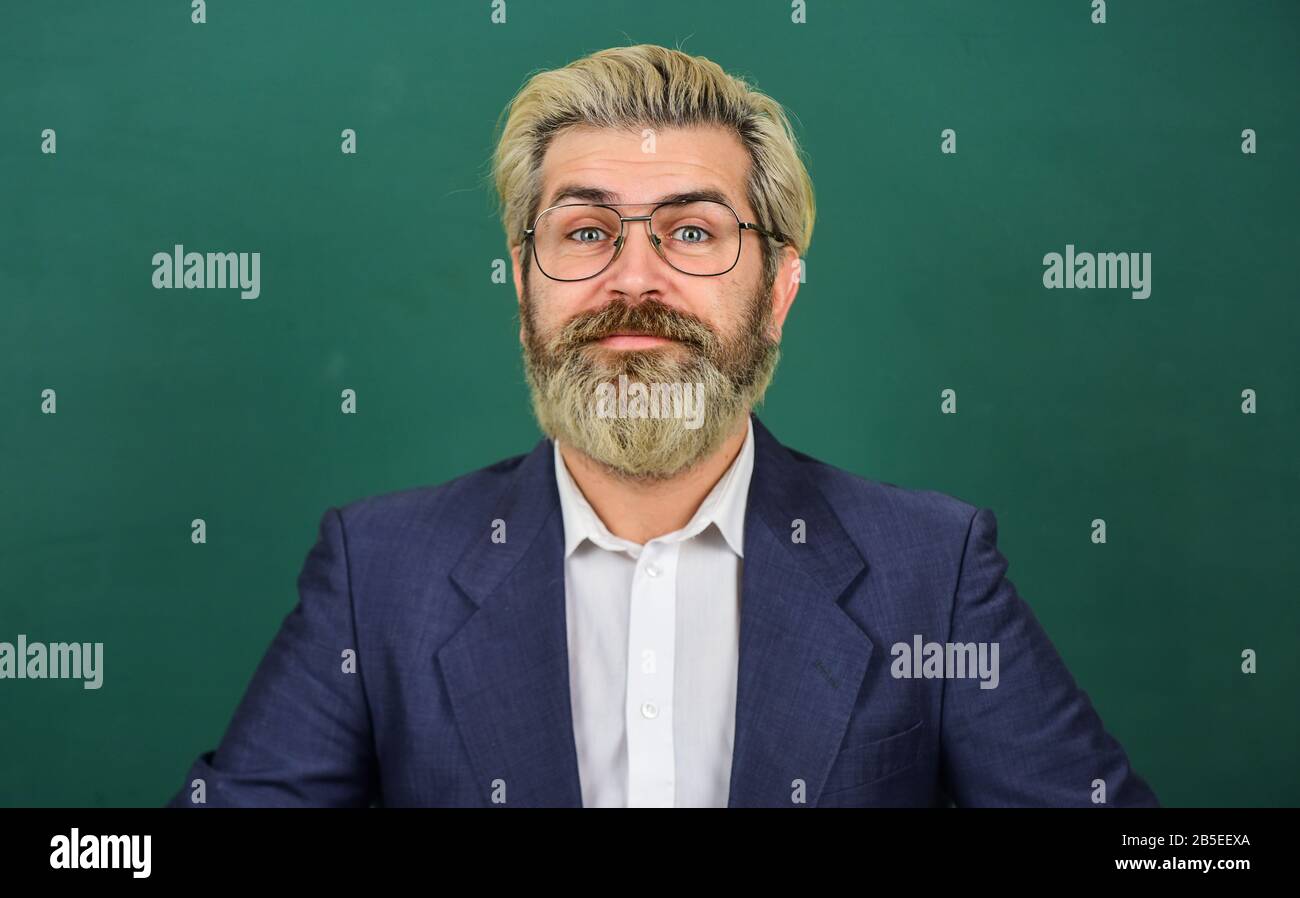 Nerdy genius. Genius man green chalkboard. Genius teacher wear glasses ...