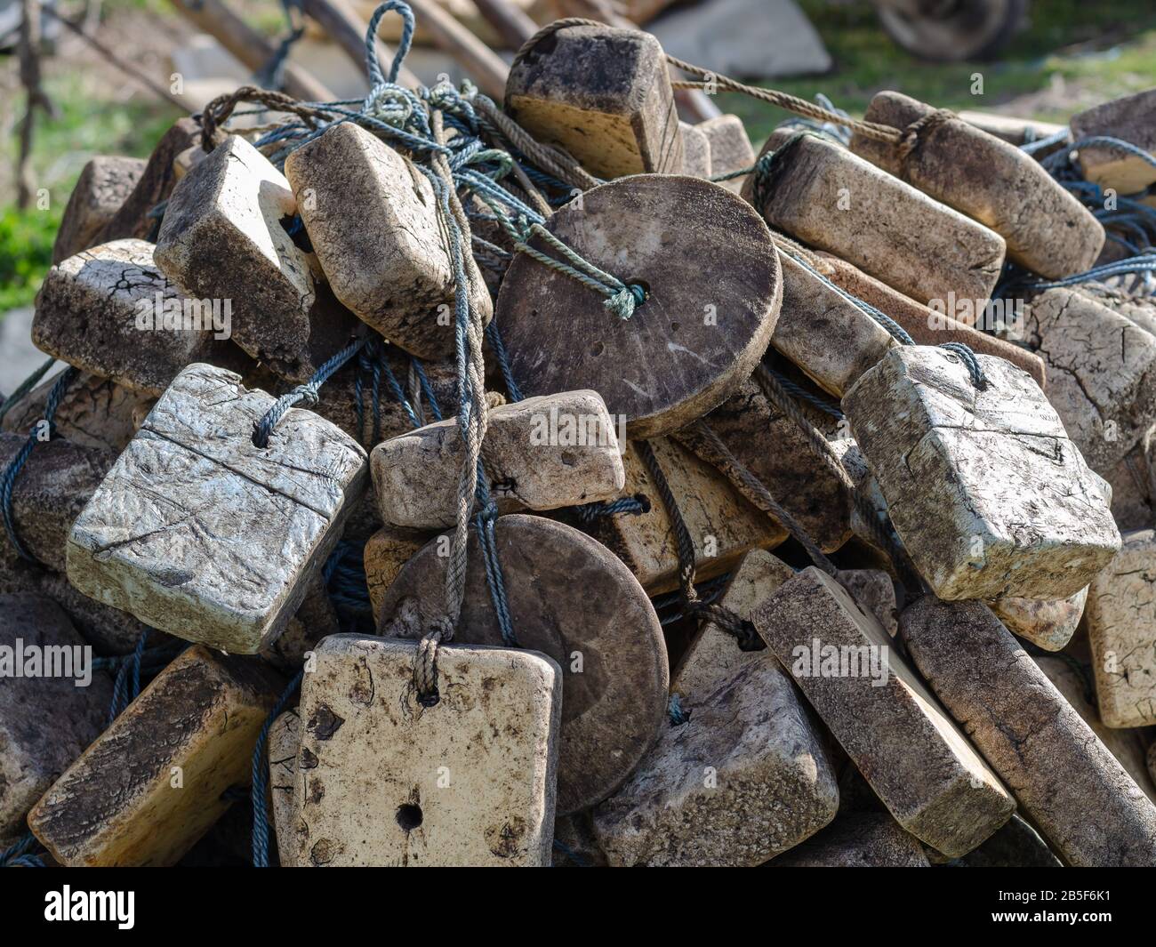 Pile of fishing floats for commercial fishing. Floats of different ...