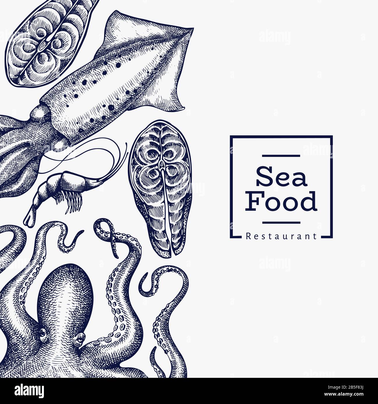 Seafood design template. Hand drawn vector seafood illustration ...