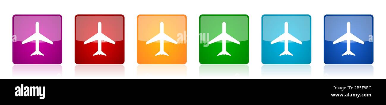 Plane icon set, colorful square glossy vector illustrations in 6 ...