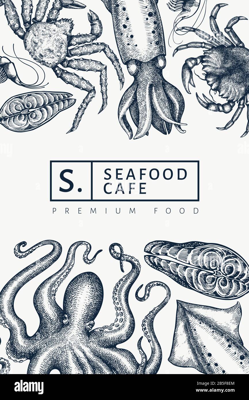 Seafood design template. Hand drawn vector seafood illustration ...