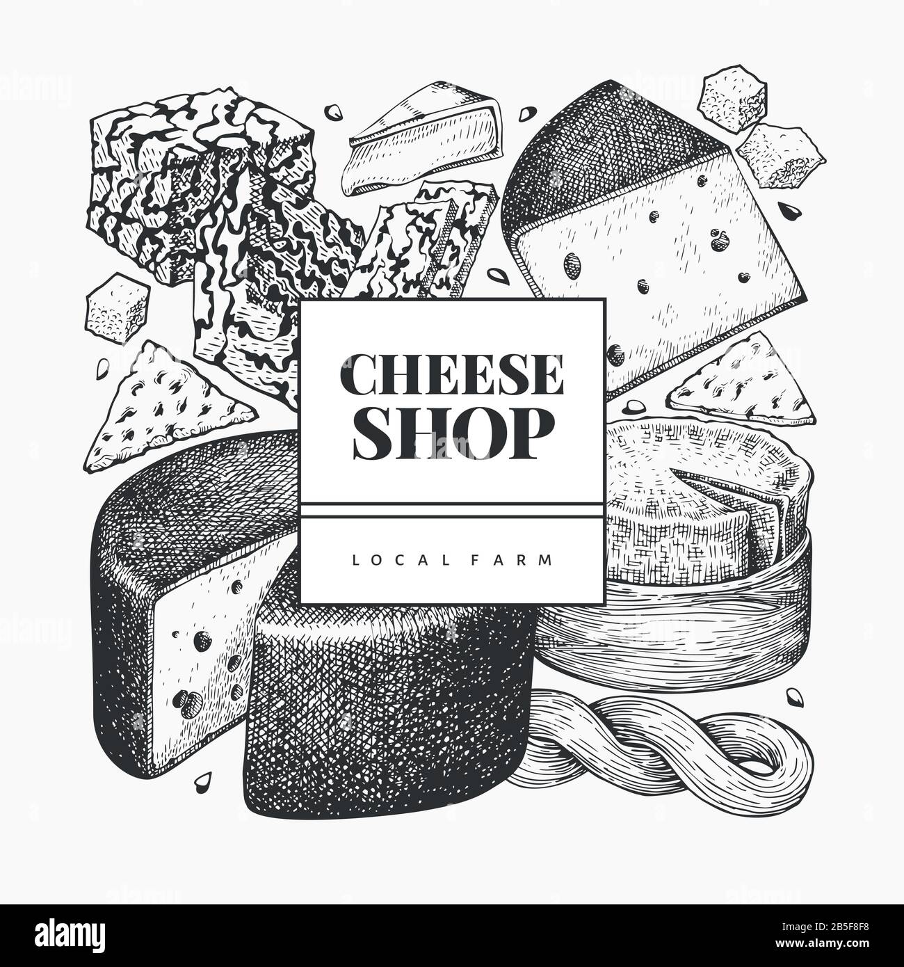 Cheese design template. Hand drawn vector dairy illustration. Engraved ...