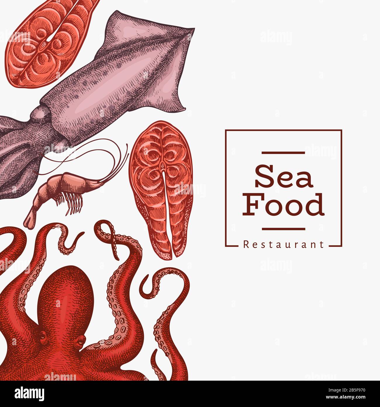 Seafood design template. Hand drawn vector seafood illustration ...